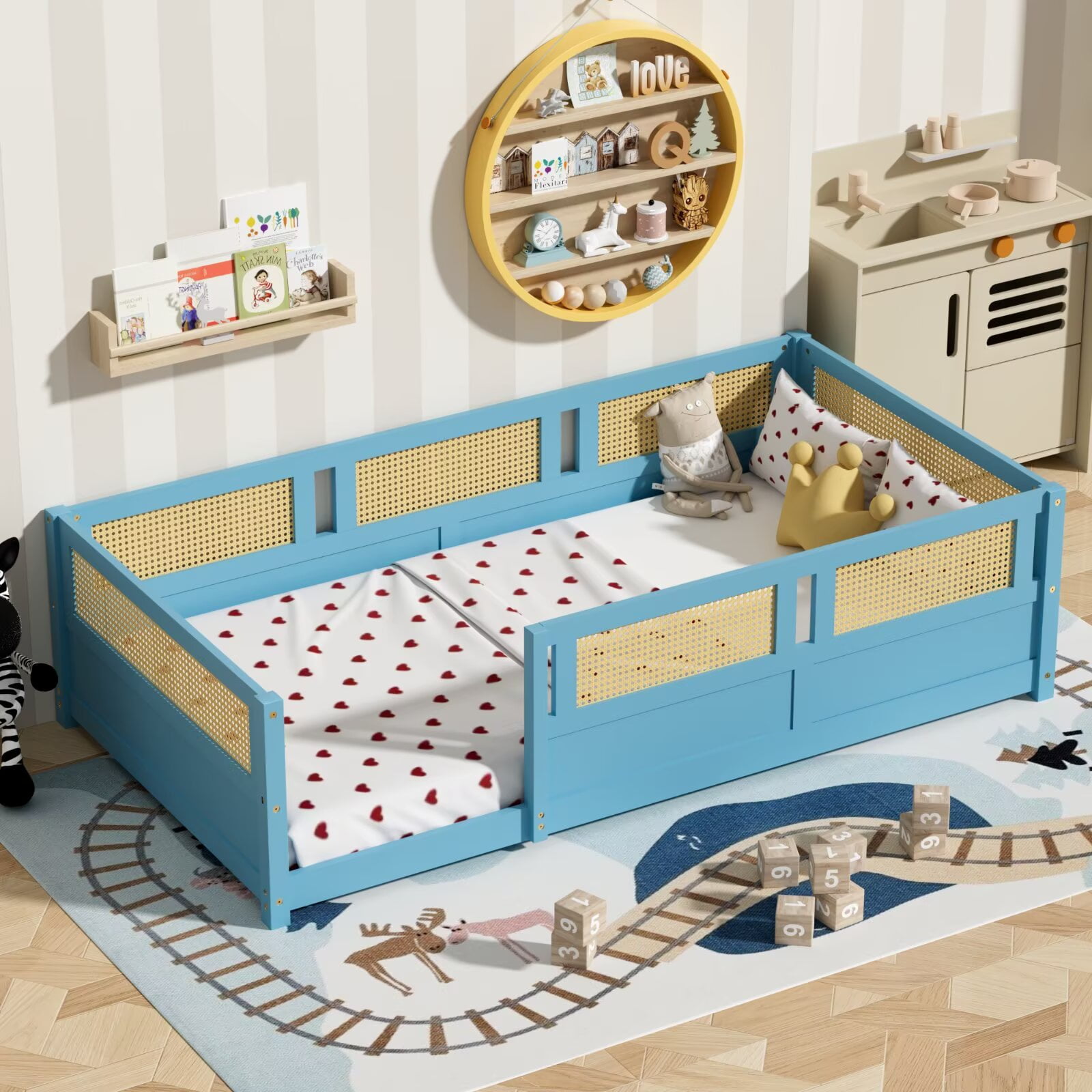 Twin Size Floor Bed with PE Rattan High Fence, Wood Montessori Bed ...