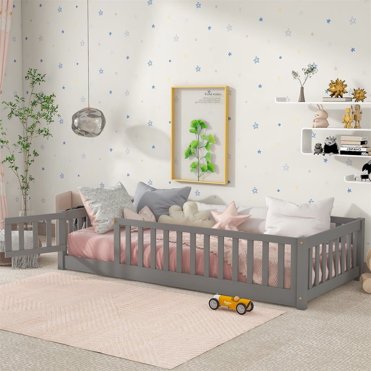 Twin Size Floor Platform Bed with Fence, Daybed Frame with Door for ...