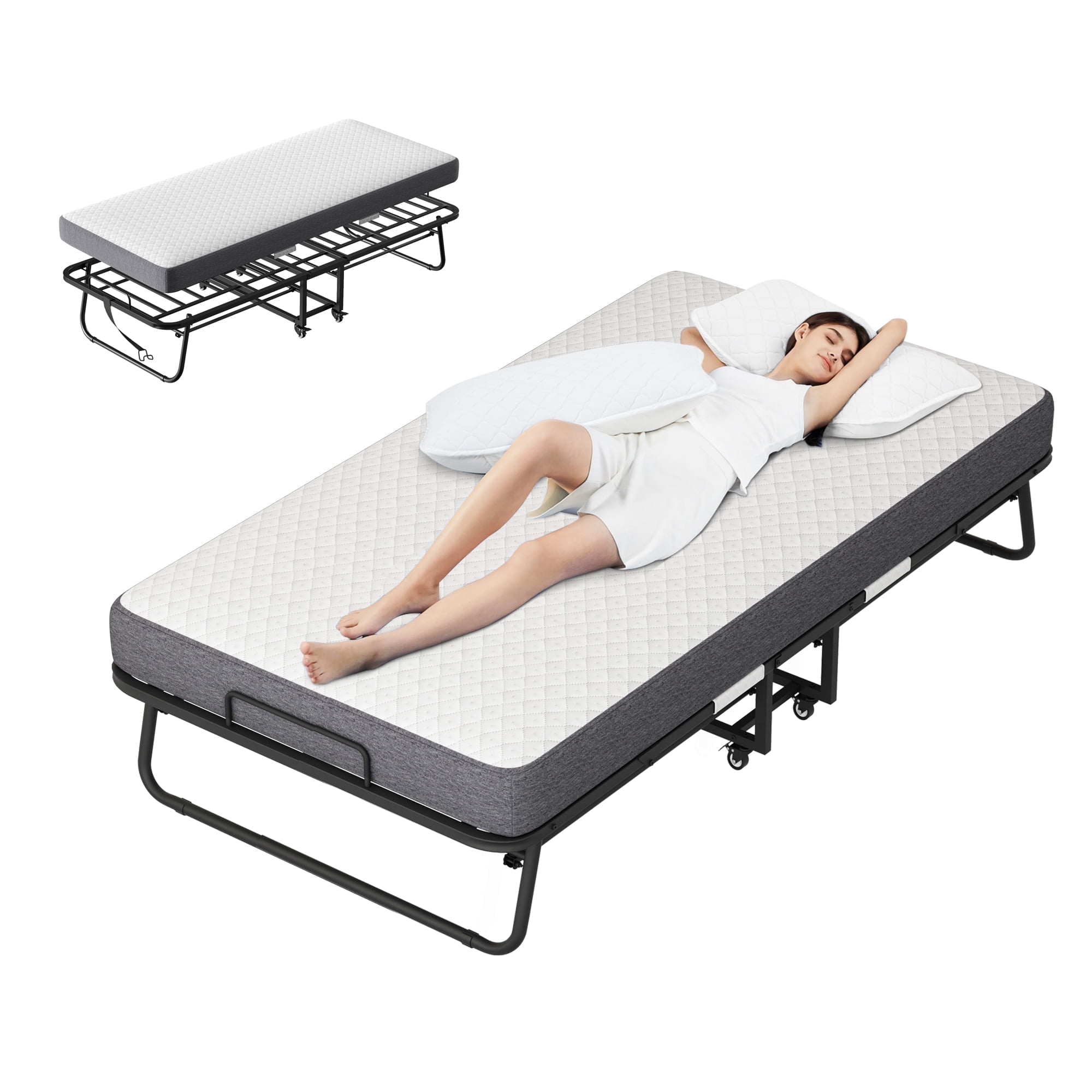 Folding Bed with Mattress for Adults, Twin Size Bed 75" x 38" Portable ...