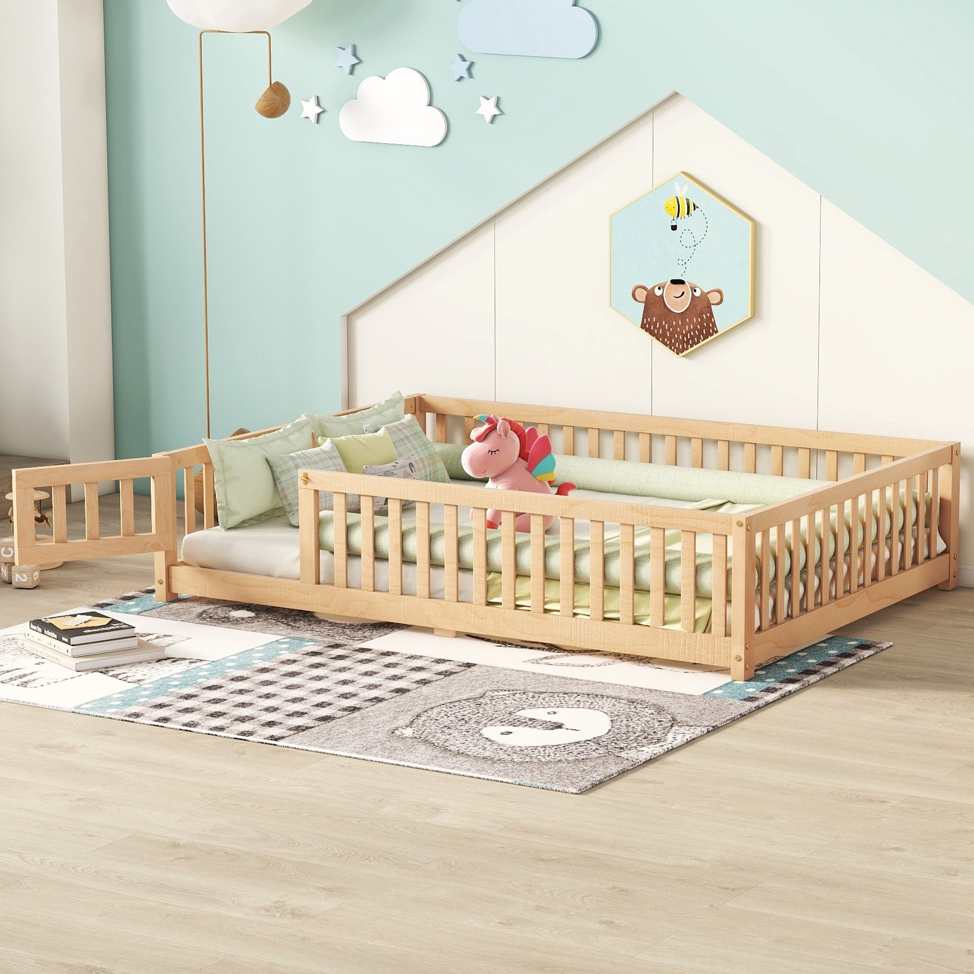 Twin Size/ Full Size Toddler Floor Bed Frame With Safety Guardrails ...