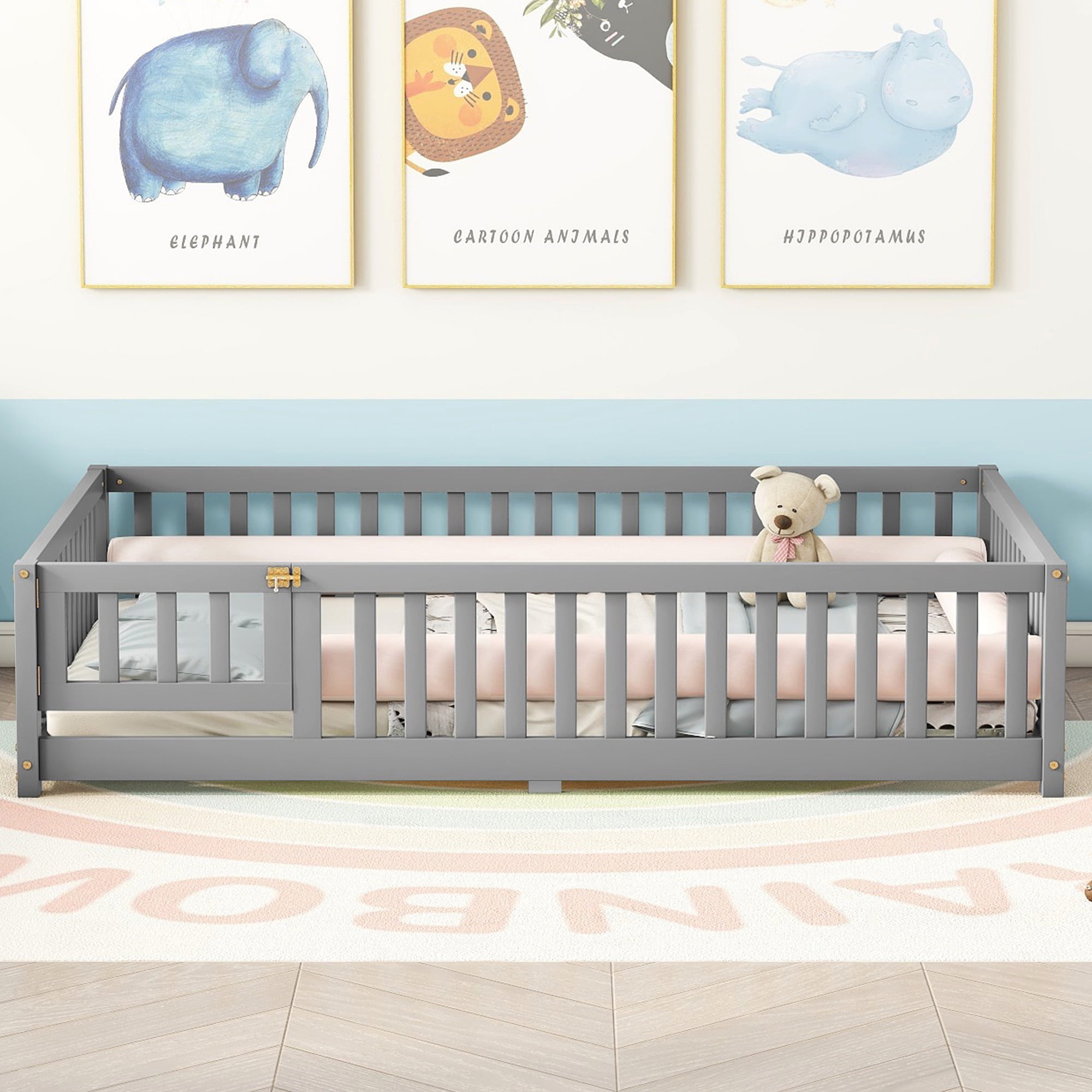 Twin Size/ Full Size Toddler Floor Bed Frame with Safety Guardrails ...