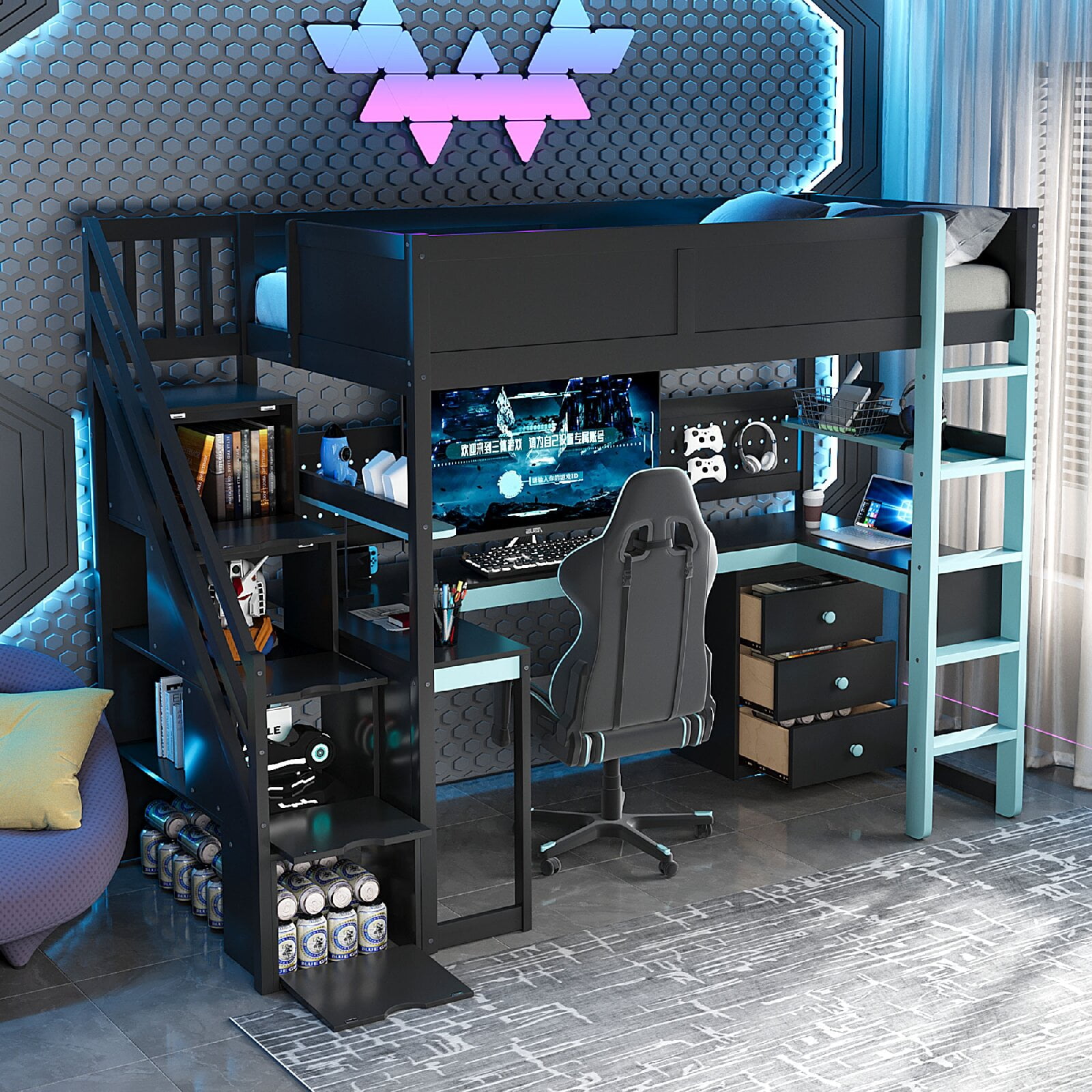 Twin Size Gaming Loft Bed Frame with Desk and Storage Stairs, Wooden ...