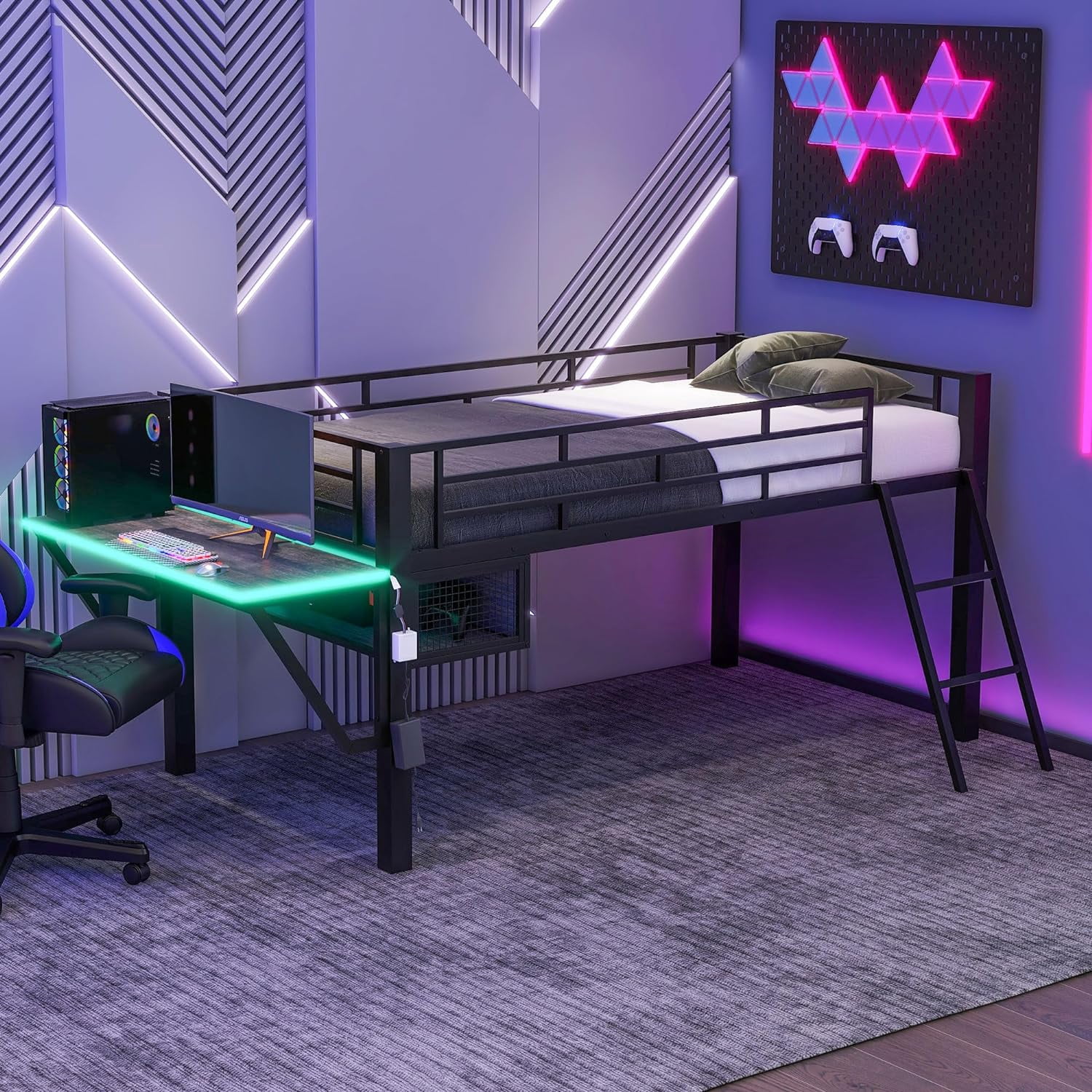 Twin Size Gaming Loft Bed - Metal Loft Bed Frame with Desk & Vented ...