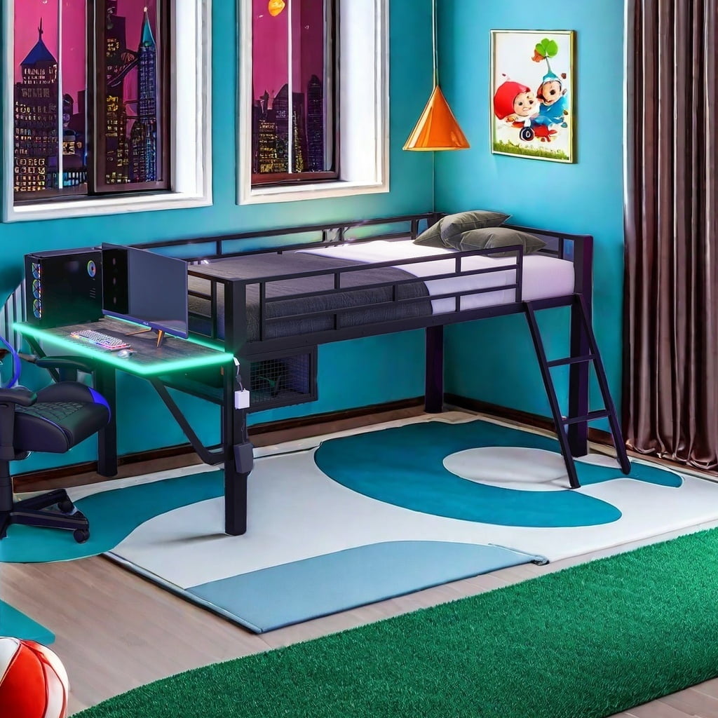 Twin Size Gaming Loft Bed with Desk,LED Light,Metal Twin Loft Bed Frame ...