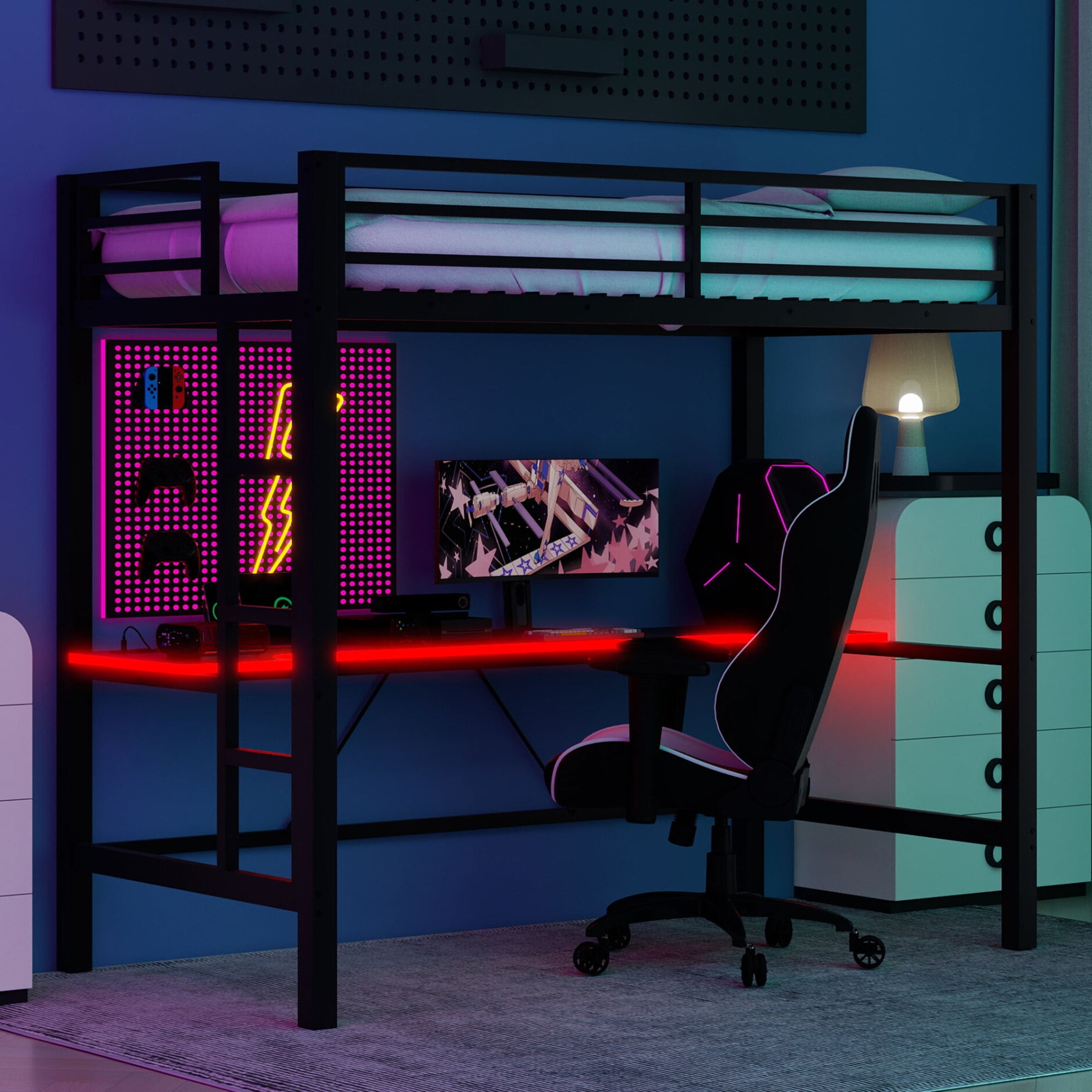Twin Size Gaming Metal Loft Bed with Remote LED Lighting & U-Shaped ...