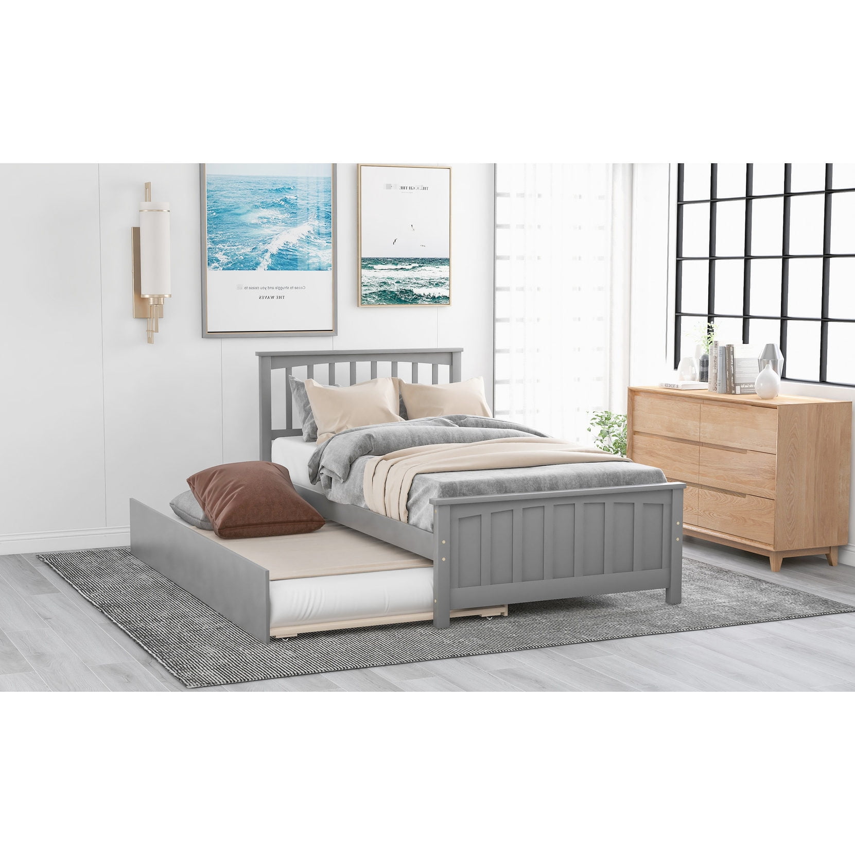 Twin Size Gray Platform Bed with Trundle | Solid Pine Wood, Space ...