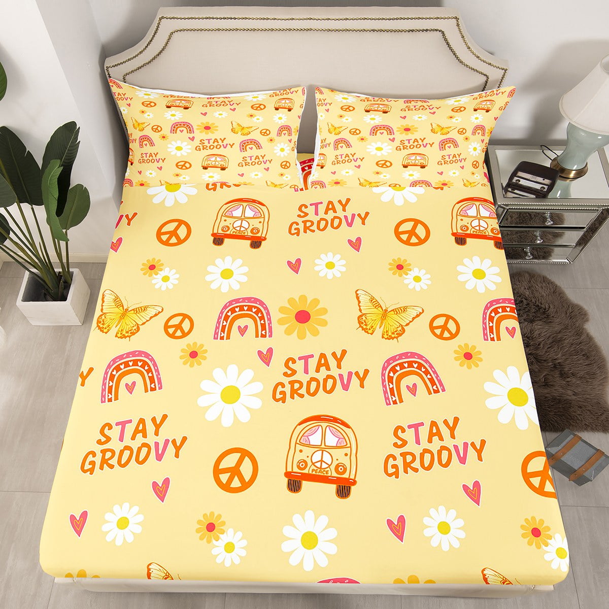 Twin Size Groovy Flower Bed Sheets s, Boho Rainbow Fitted Sheet 80S 90S ...