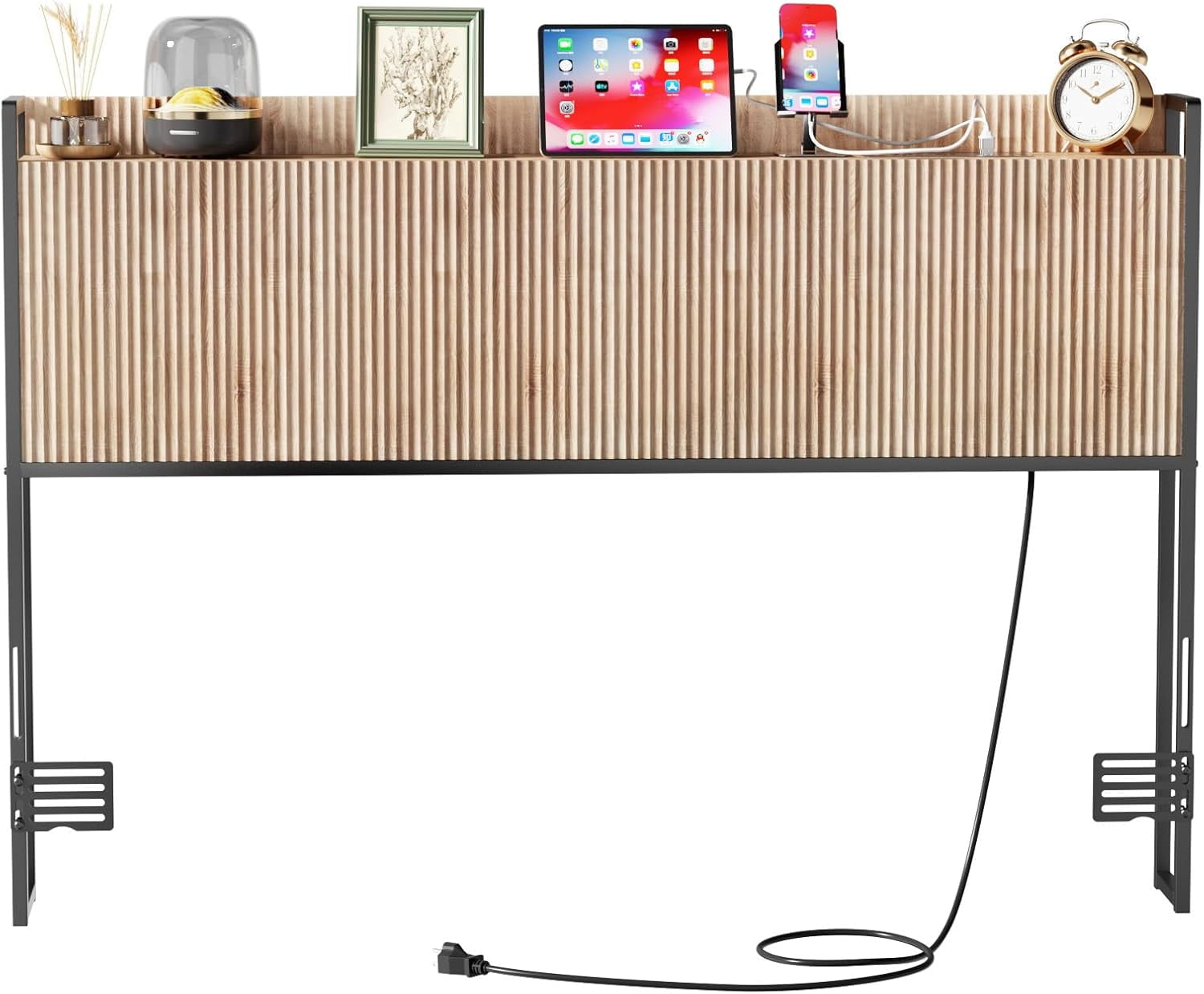 Twin Size Headboard with Outlets, Wall Mount Wood Fluted Headboard with ...