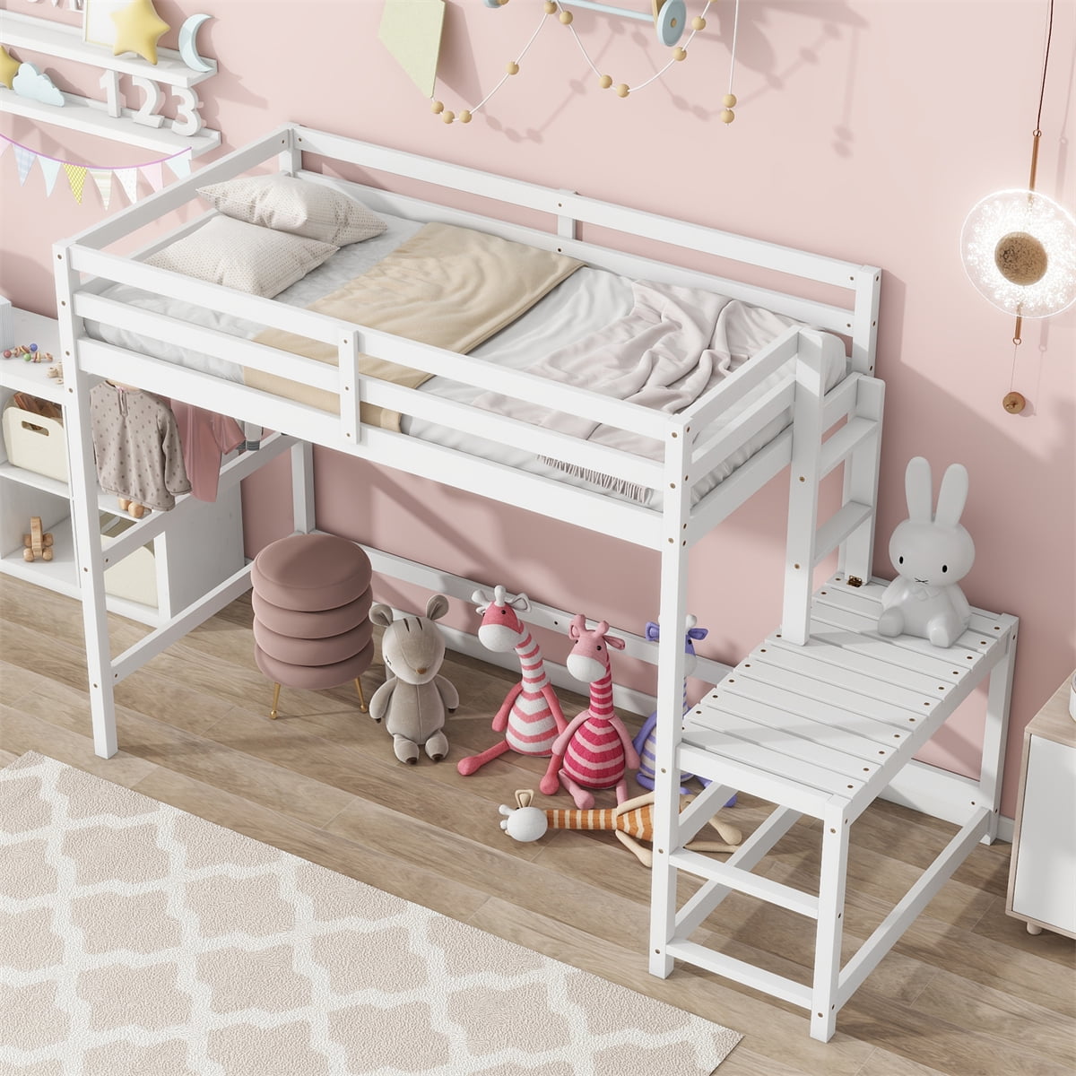 Twin Size High Loft Bed with Ladder Landing Platform for Kids Teens ...