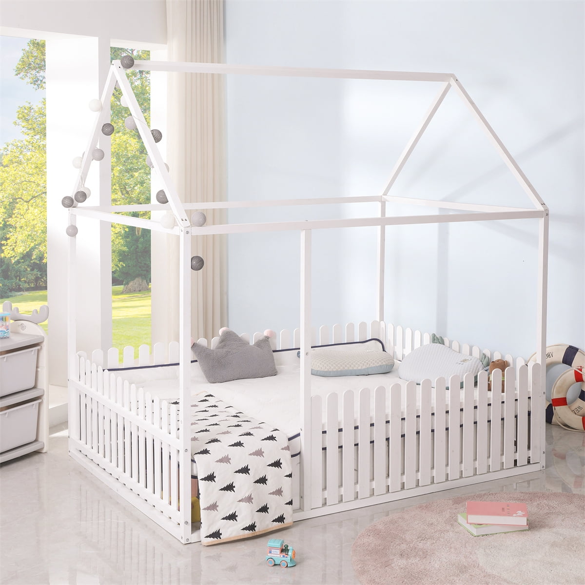 Twin Size Home Bed with Crib Guardrails, Wooden Playhouse with Roof ...