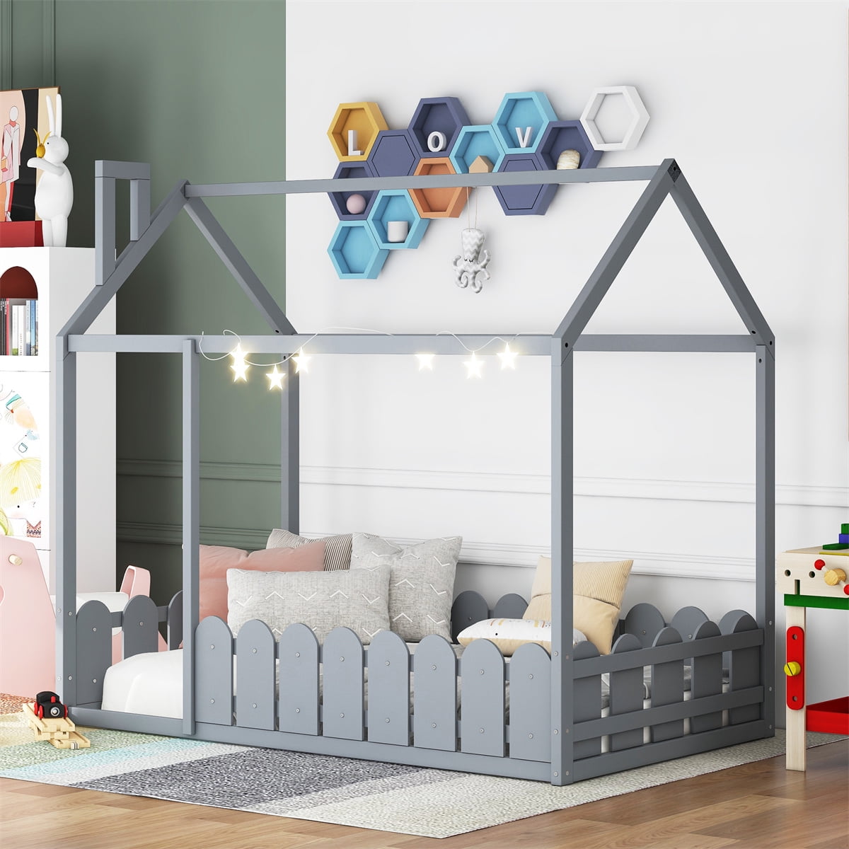 Twin Size House Bed with Fence for Kids Toddler Teens, Safety Floor Bed ...