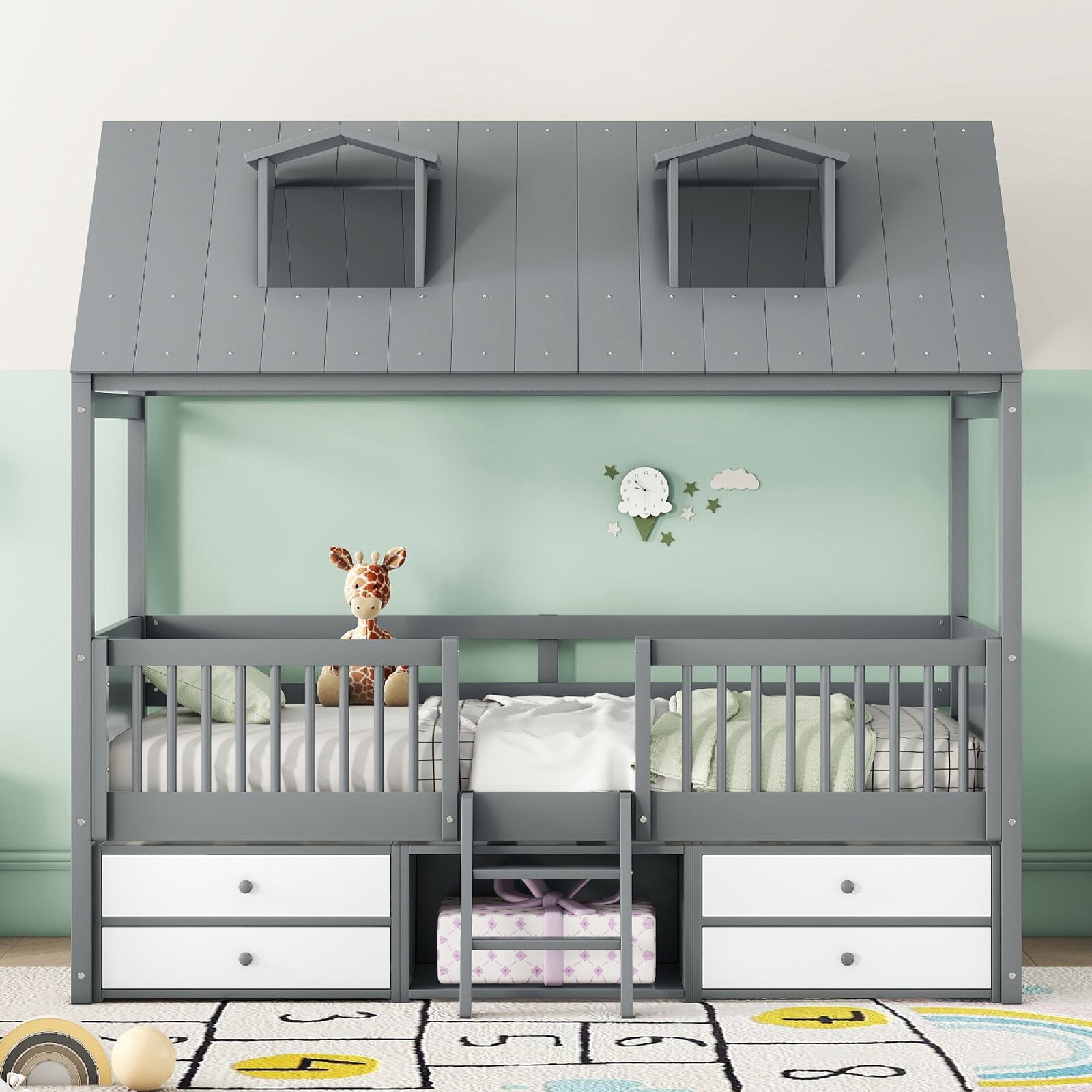 Twin Size House Bed Frame with 4 Storage Drawers,Wooden Beds Frame Full-Length Fence, Playhouse ...