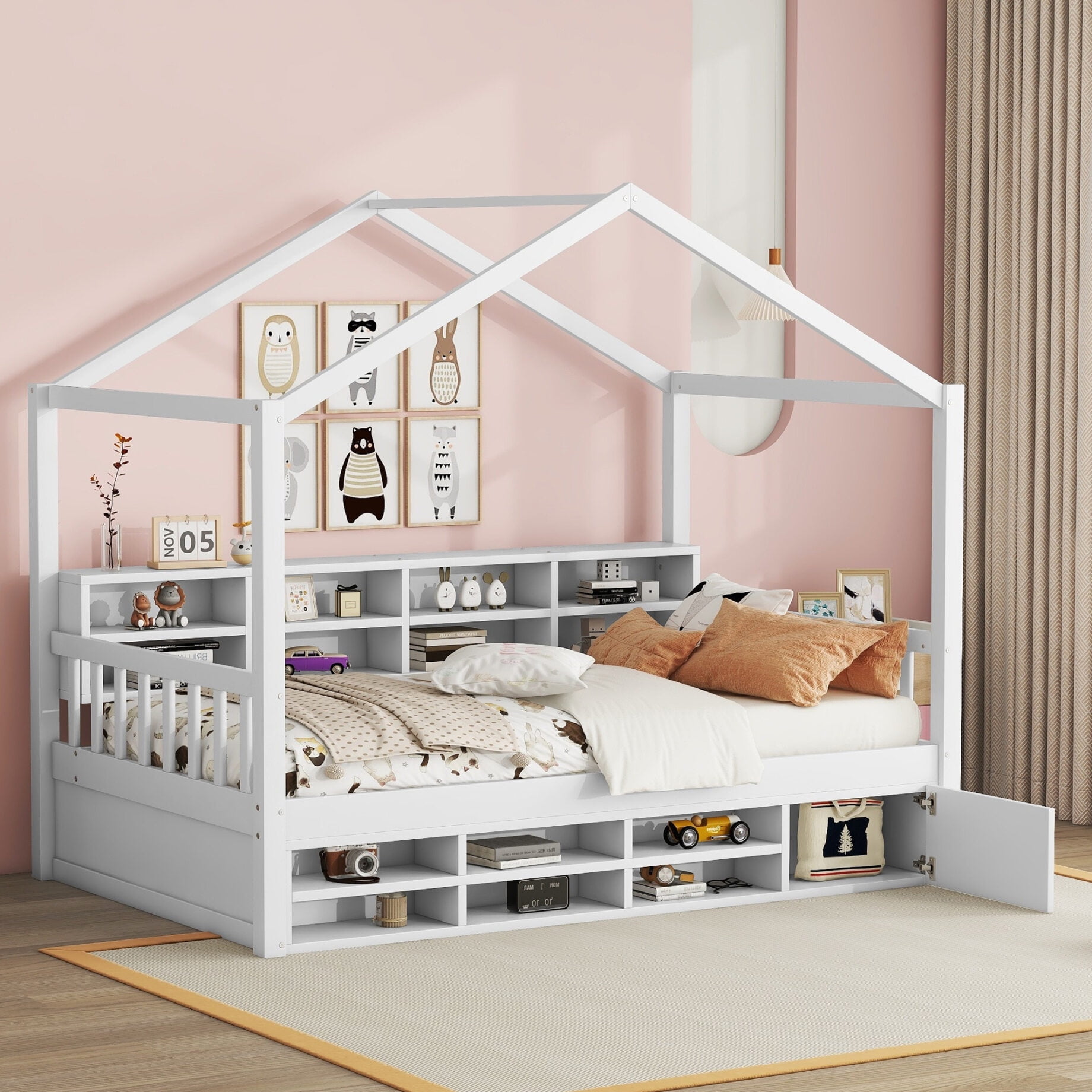 Twin Size House Bed Frame with Headboard, Shelves, and a Mini-Cabinet ...