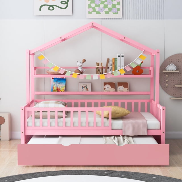 Twin Size House Bed with Trundle, House Shaped Daybed Platform Bed with ...