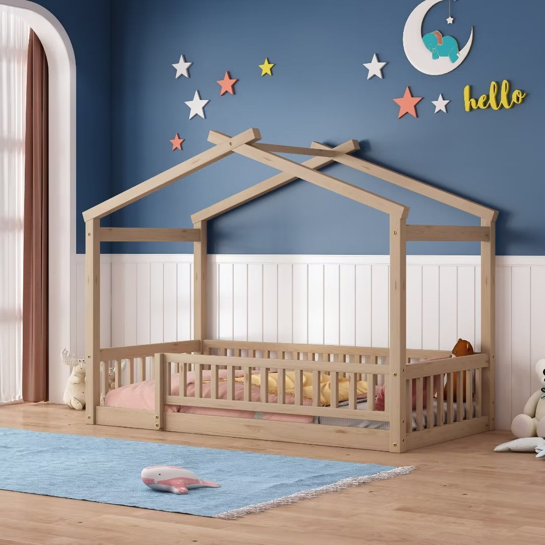 Twin Size Montessori House Bed, Wood Floor with Fence and Roof, Toddler ...