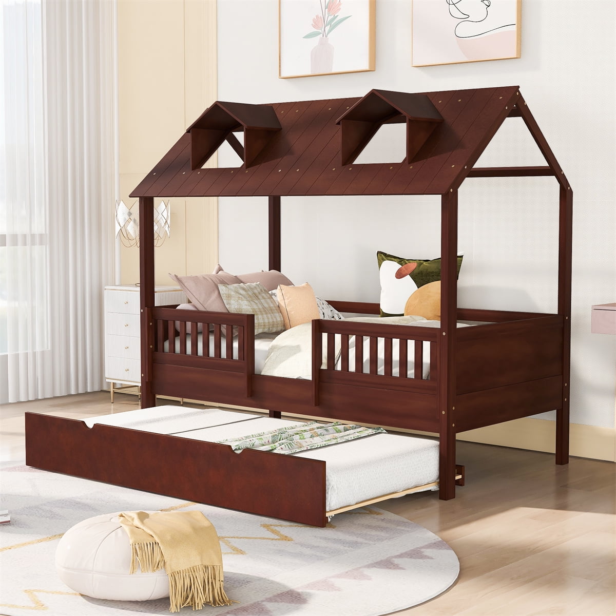 Twin Size House Bed, Wood Playhouse Tent Bed Frame with Twin Size ...