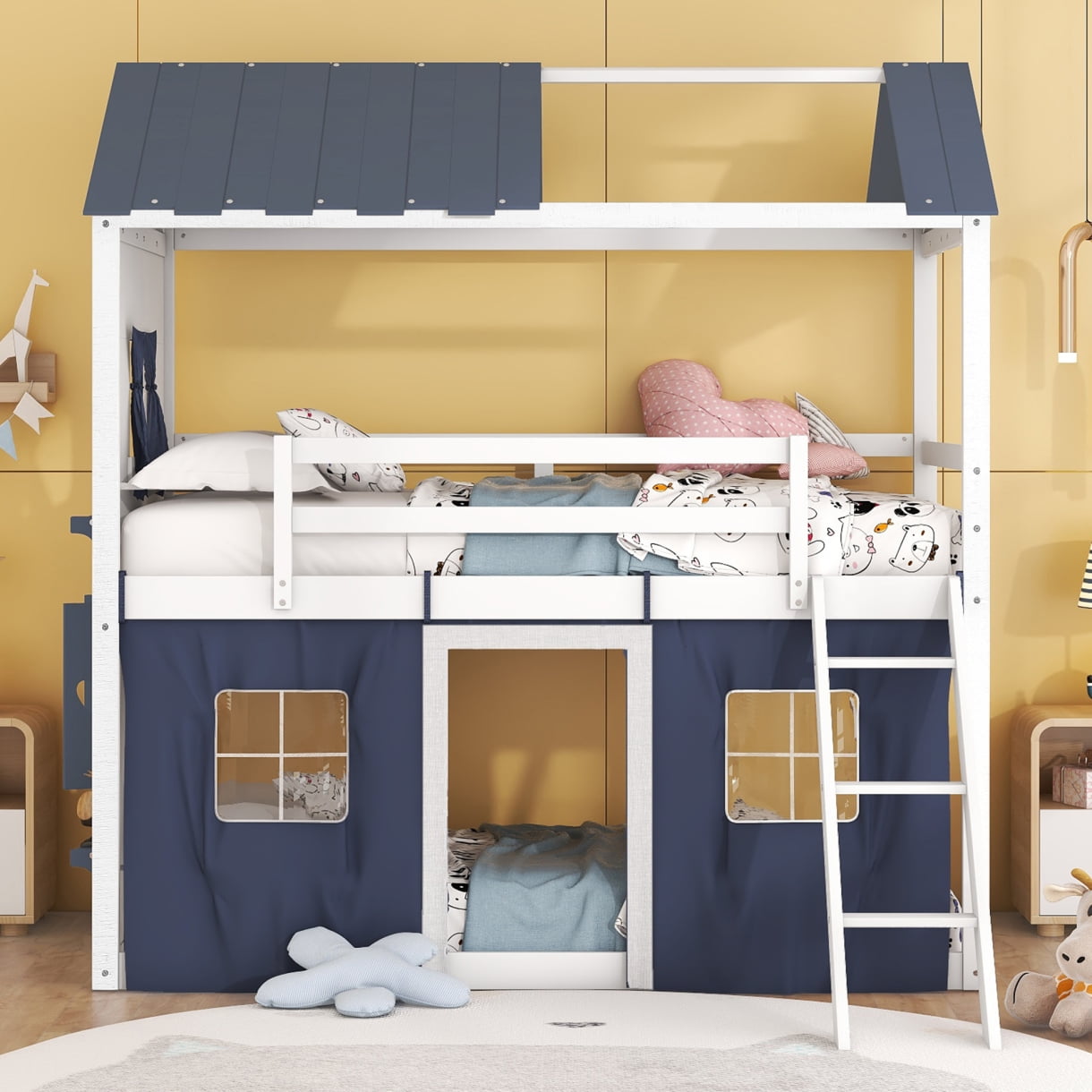 Twin Size House Bunk Bed Solid Wood Tent Bed Frame with Windows Sills and Guardrails Versatile Loft Bed with Curtains for Teens Boys Girls White Blue Walmart