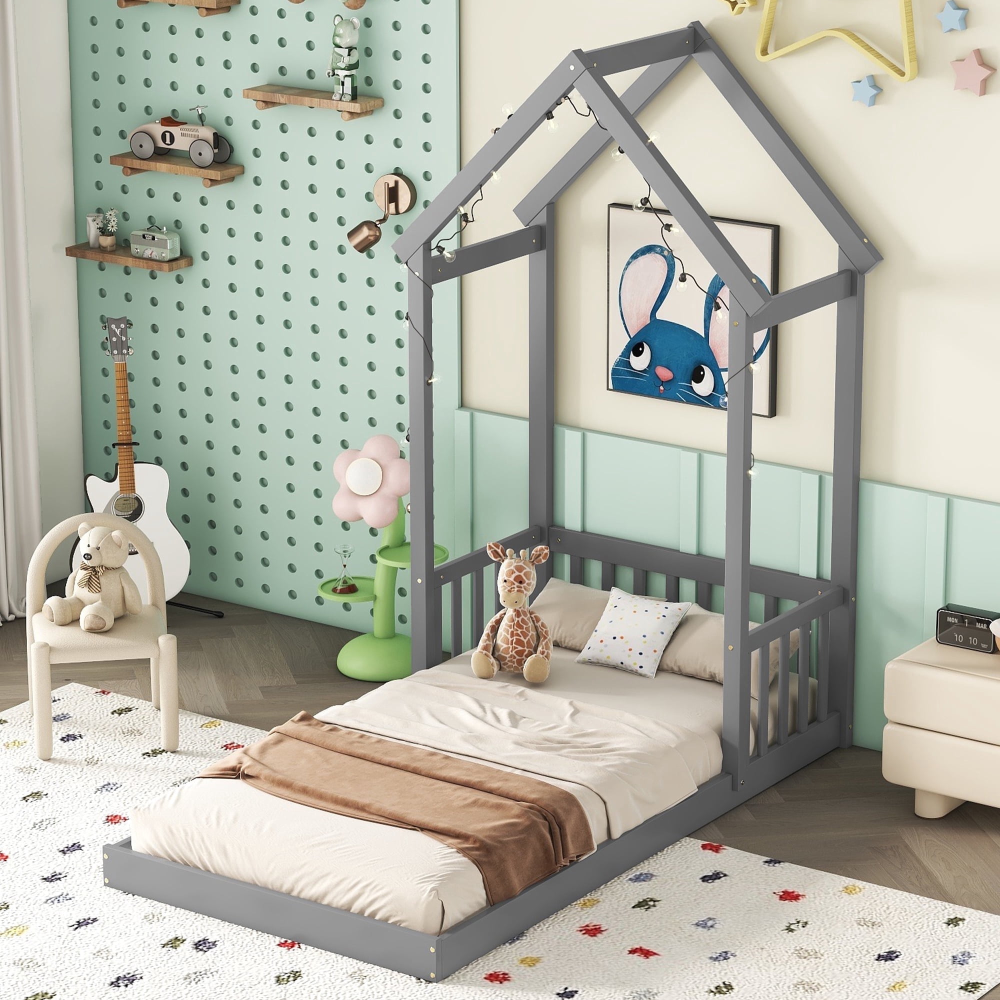 Twin Size House Floor Bed, House-Shaped Bed Frame with Semi-Fence ...