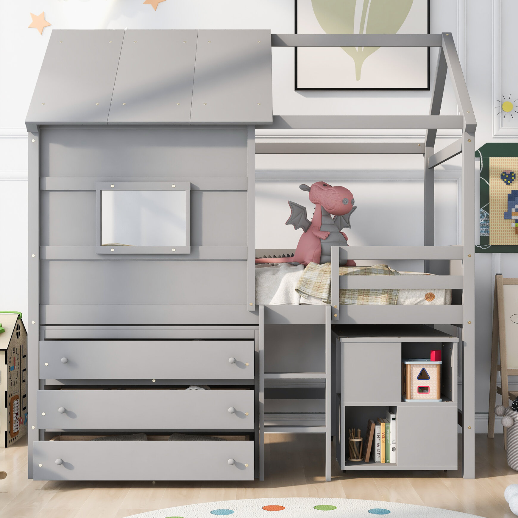 Twin Size House Loft Bed with Storage Desk and 3 Drawer Chest, House ...