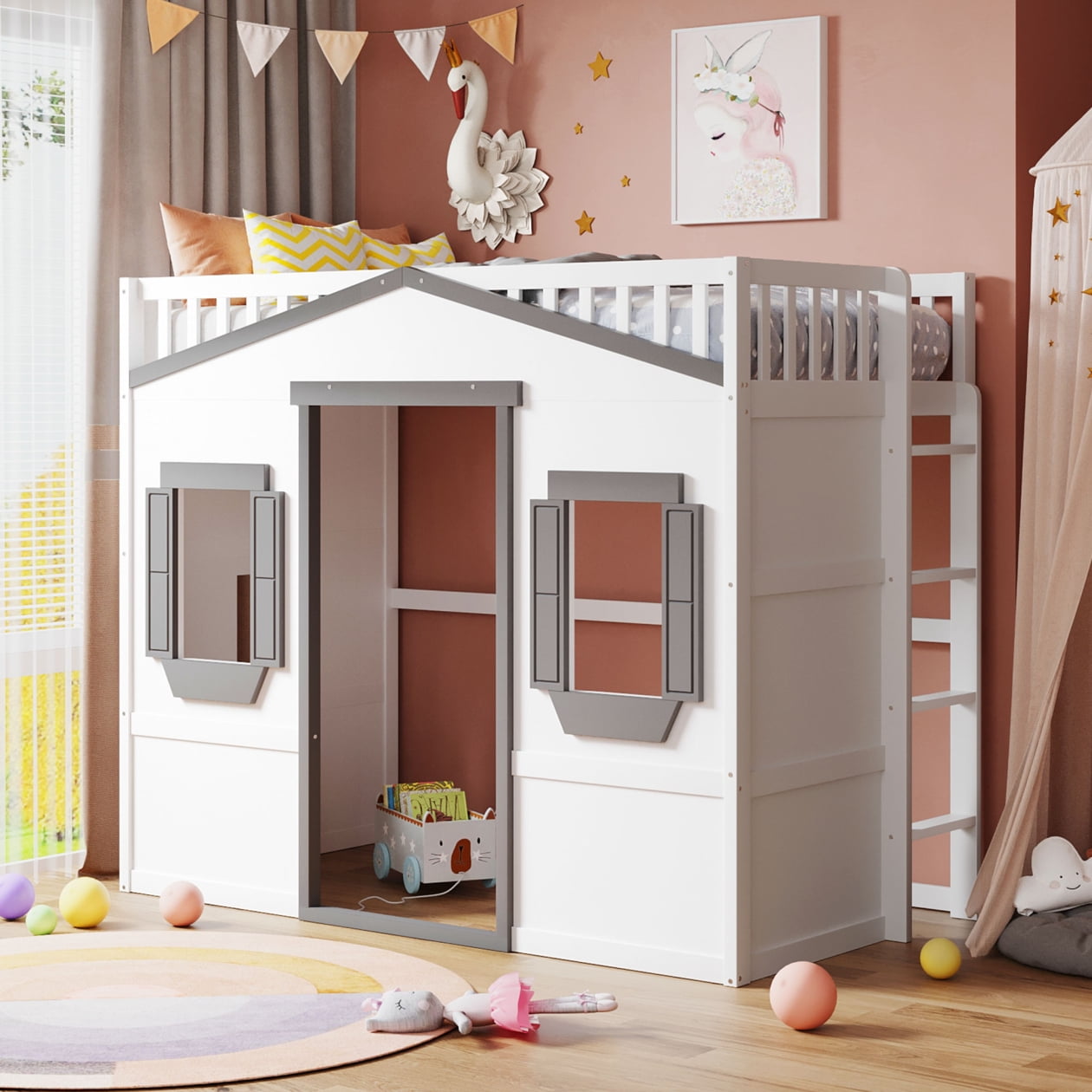 Twin Size House Loft Bed, Wooden Montessori Playhouse Loft Bed with ...