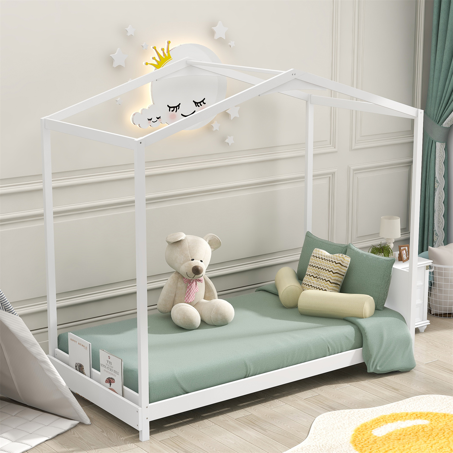 Twin Size House Platform Bed with Headboard, Wooden Platform Bed Frame ...