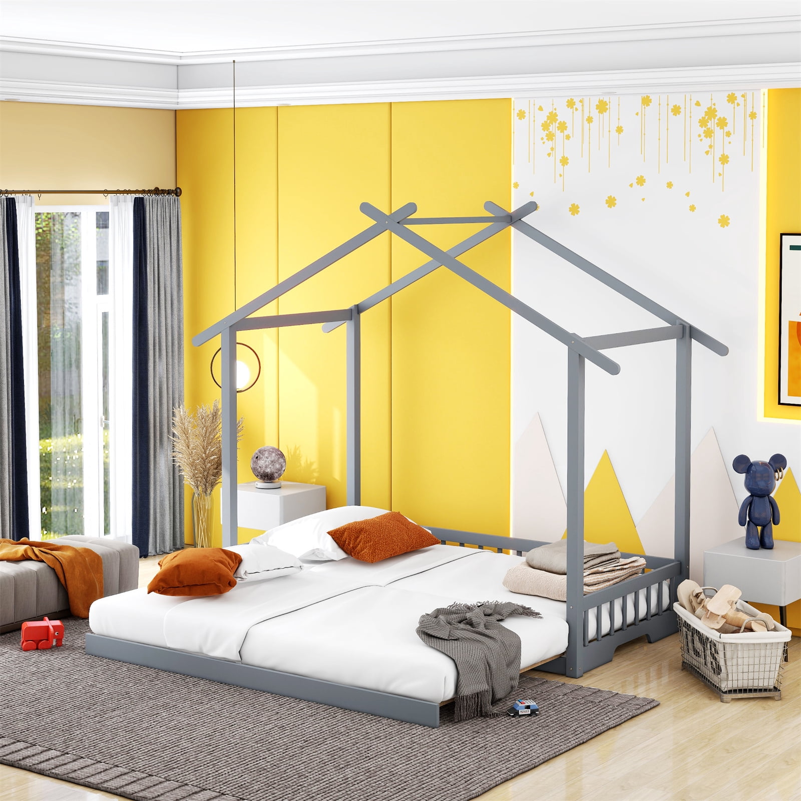 Twin Size House Platform Bed with Pull Out Bed, Extending Wood Floor ...