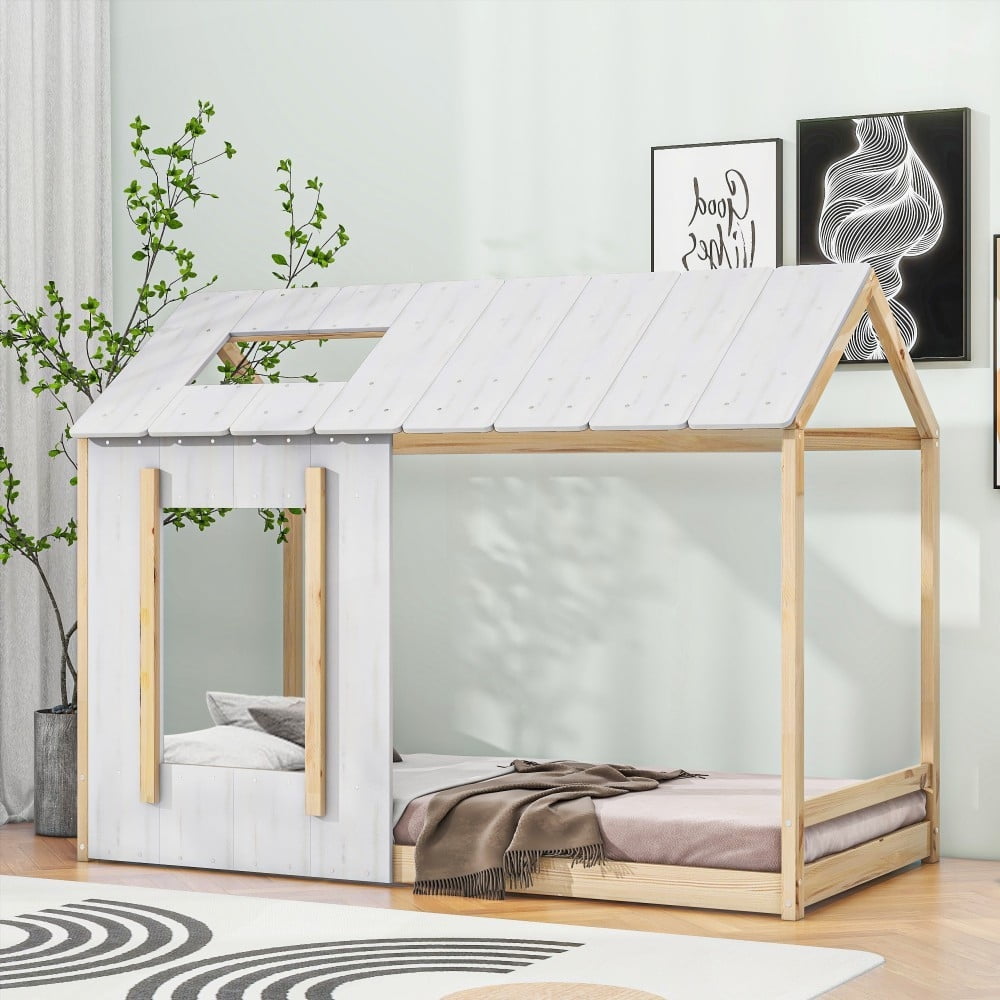 Twin Size House Platform - Solid Pine Wood & MDF|Fun House Design|White ...