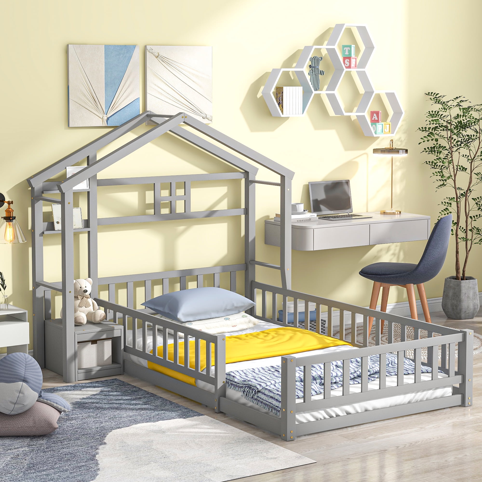 Twin Size House Shape Headboard Floor Bed with Guardrails, Slats ...