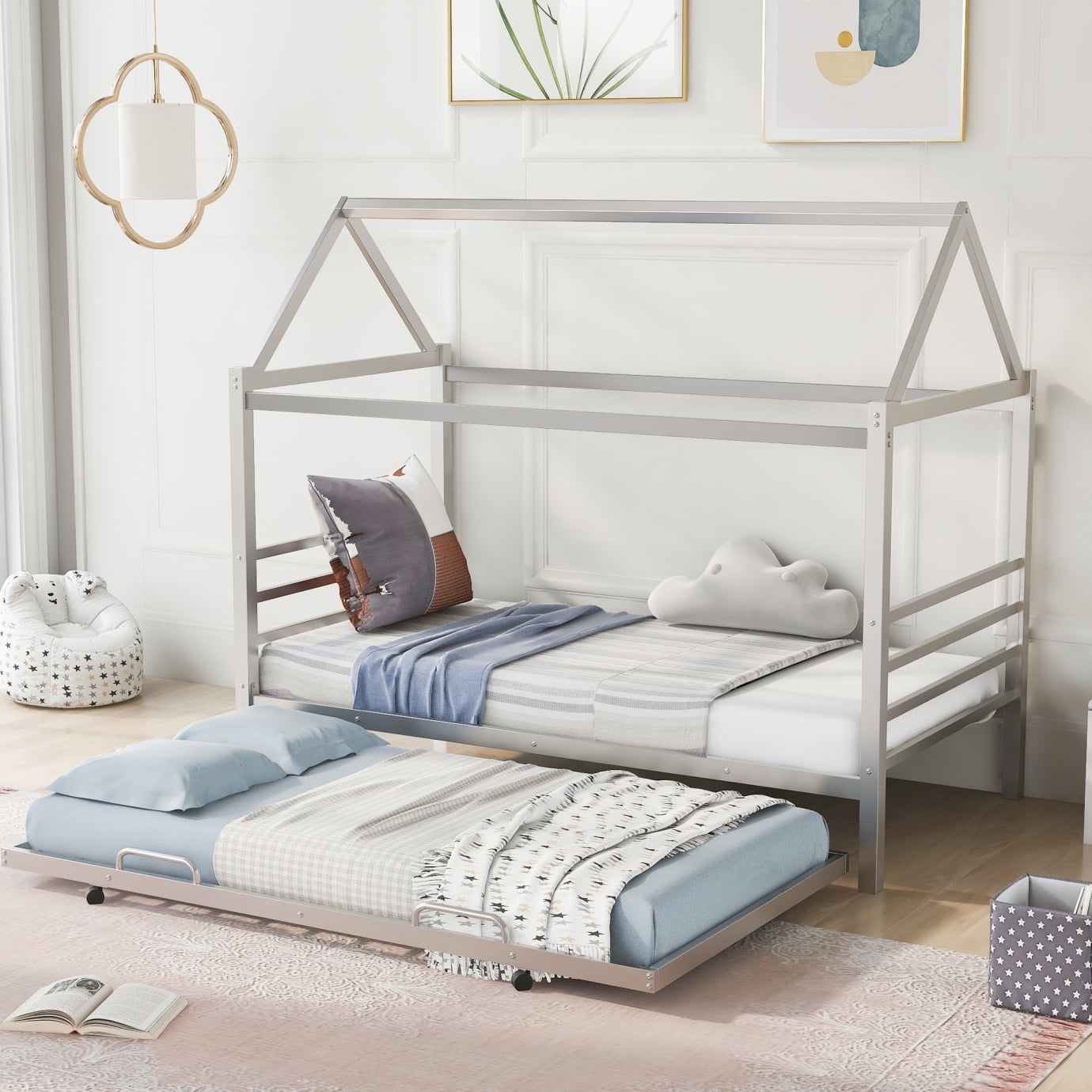 Twin Size House Shape Platform with Trundle Bed, Metal House Bed Frame ...