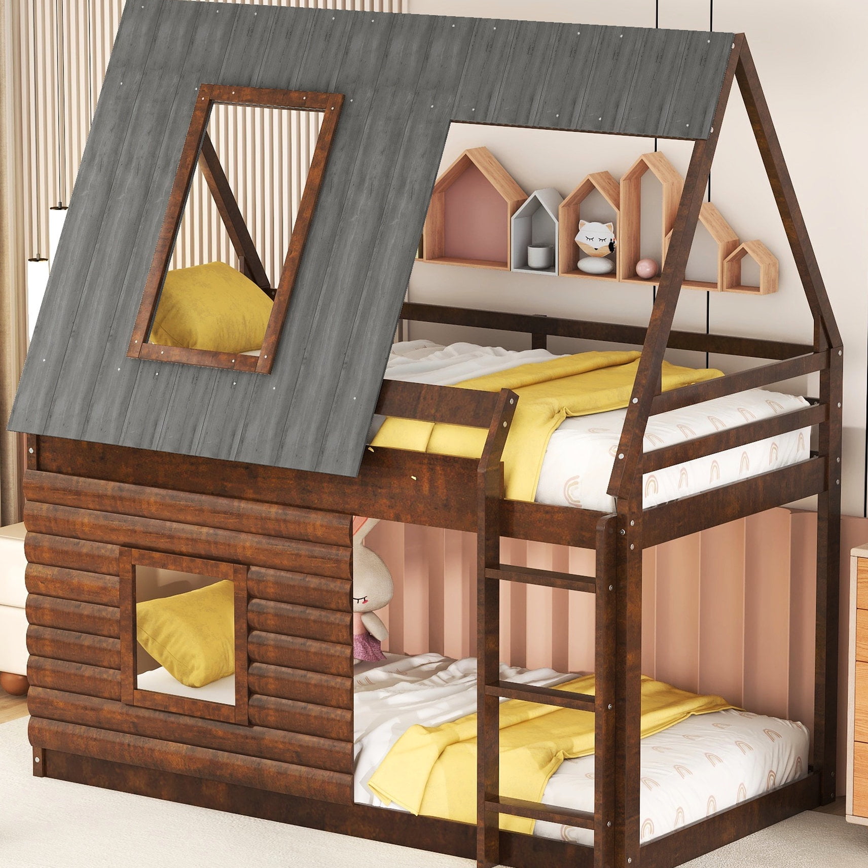 Twin Size House - shaped Wood Bunk Bed, Oak & Smoky Grey | Easy ...