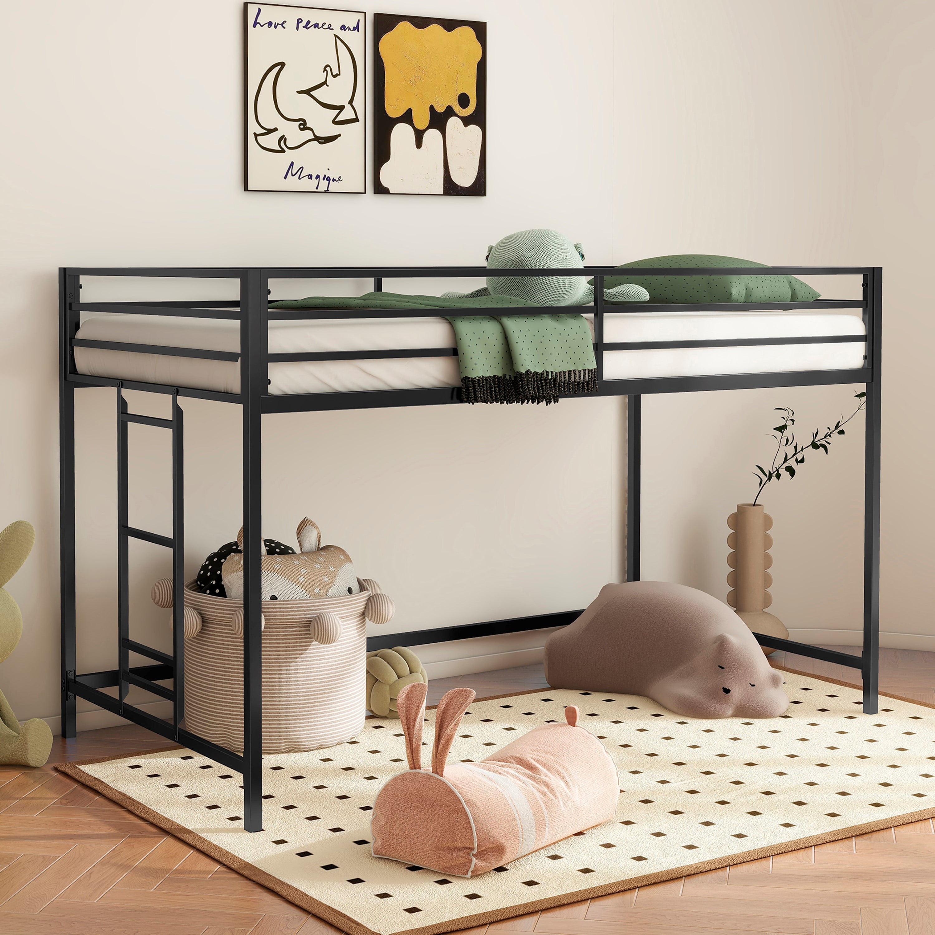 GDF Studio Ladder Twin Junior Loft Bunk Bed, Metal, Black, without ...