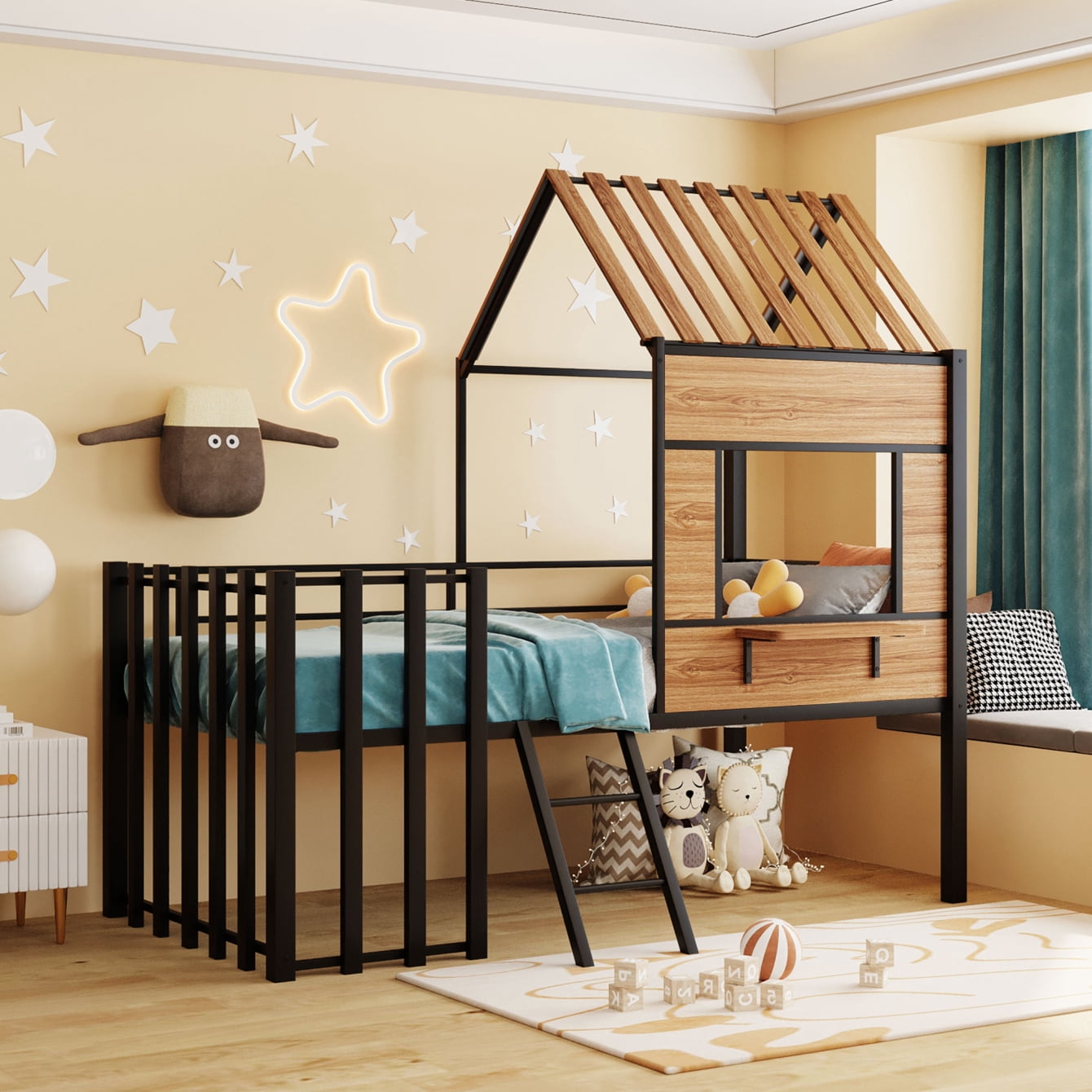 Twin Size Kids Loft Bed, Metal House Loft Bed with Roof and Window, Low ...