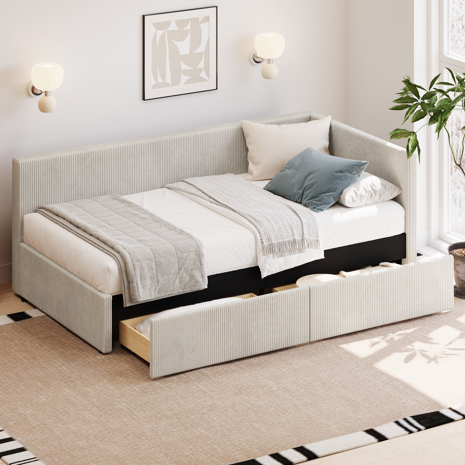 Twin Size L-Shape Daybed with 2 Storage Drawers, Semi-Enclosed Sofa Bed ...