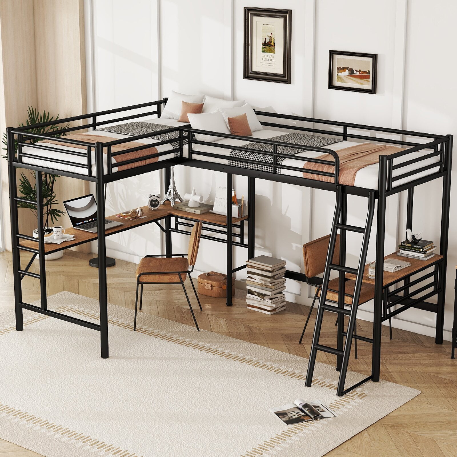 Twin Size L-Shaped Loft Bed with 2 Built-in Wooden Desks, Metal 2 Beds ...