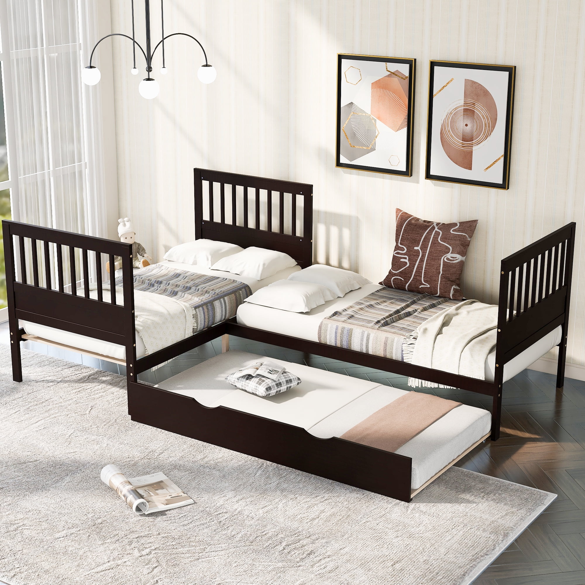Twin Size L-Shaped Platform Bed with Trundle, Solid Wood Slats Support ...
