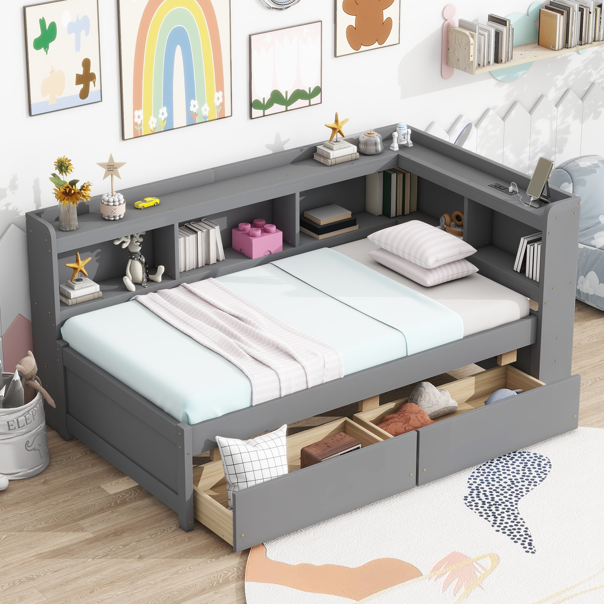 Twin Size L-Shaped Storage Bed Day bed with Charging Station - Built-in ...