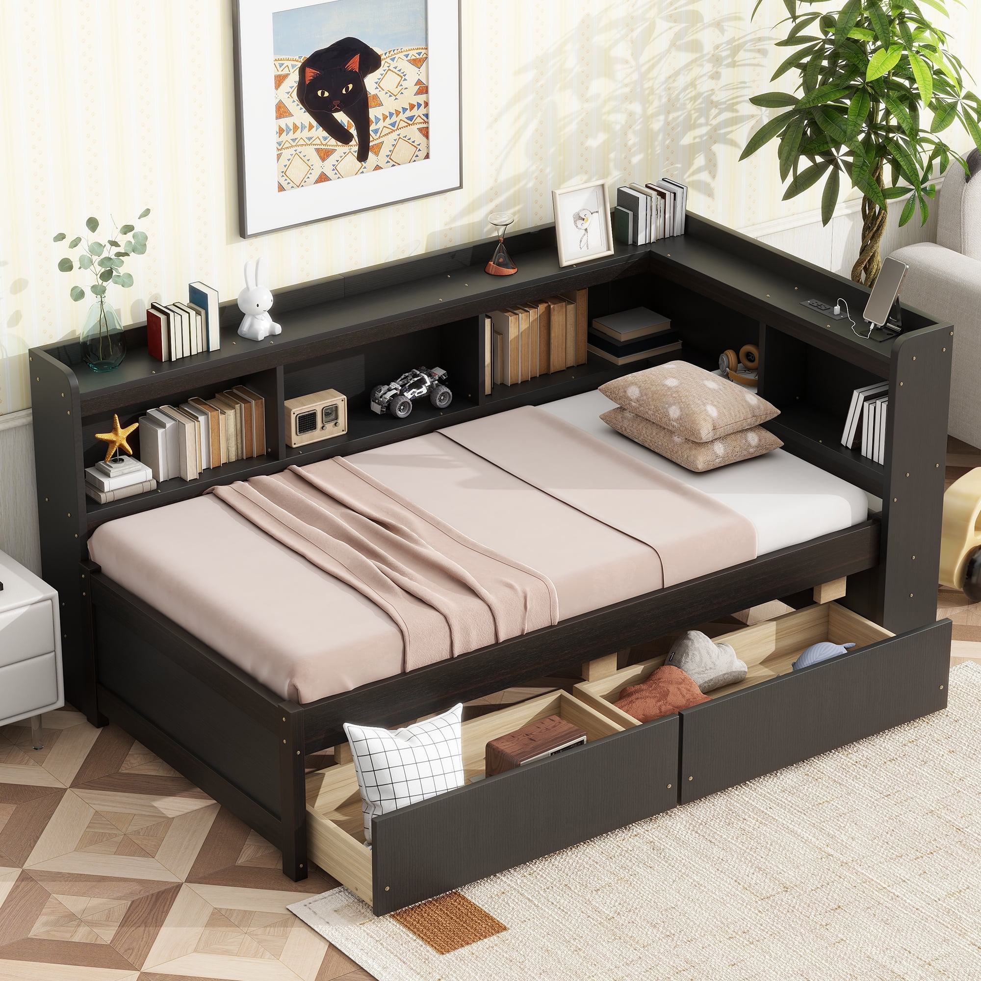 Twin Size L-shaped Bookcases Bed with Power Outlets, USB Charging Ports ...