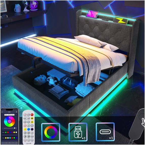 Twin Size LED Storage Bed with Hydraulic Lift, Remote Control, RGB ...