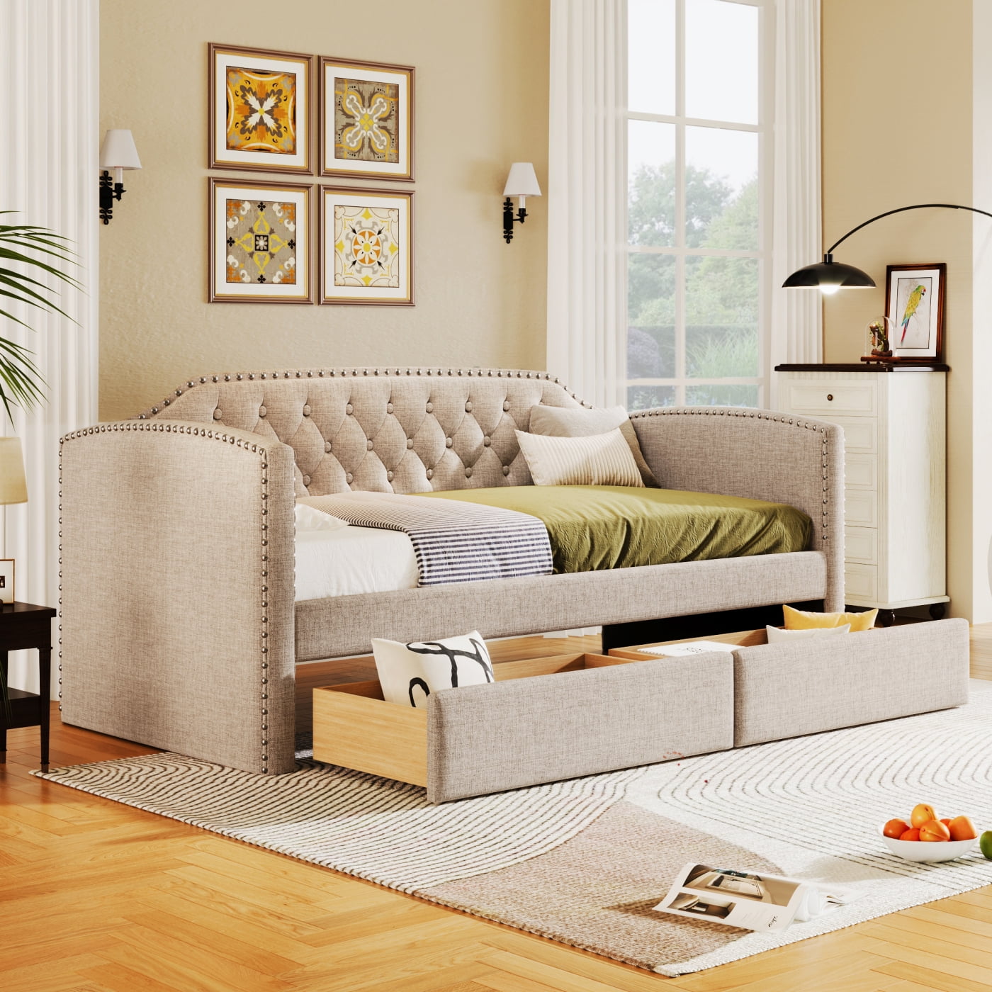 Twin Size Linen Upholstered Daybed with 2 Storage Drawers, Button ...