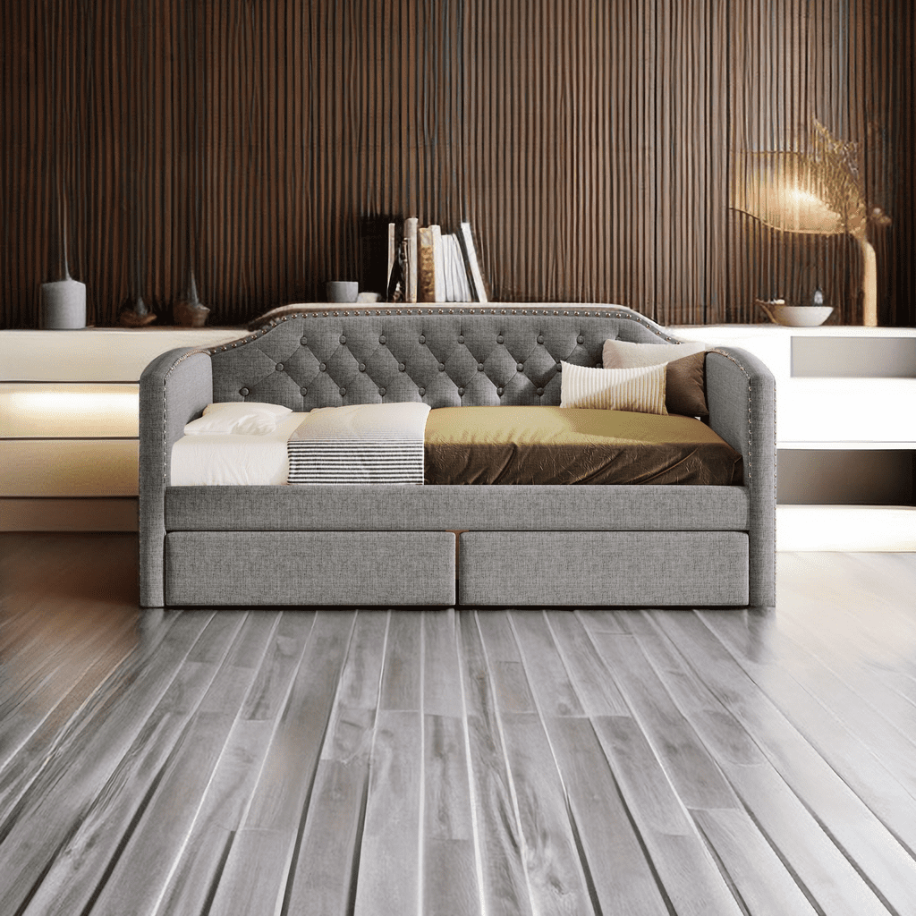 Twin Size Linen Upholstered Daybed with Drawers,Button Tufted Sofa Bed ...