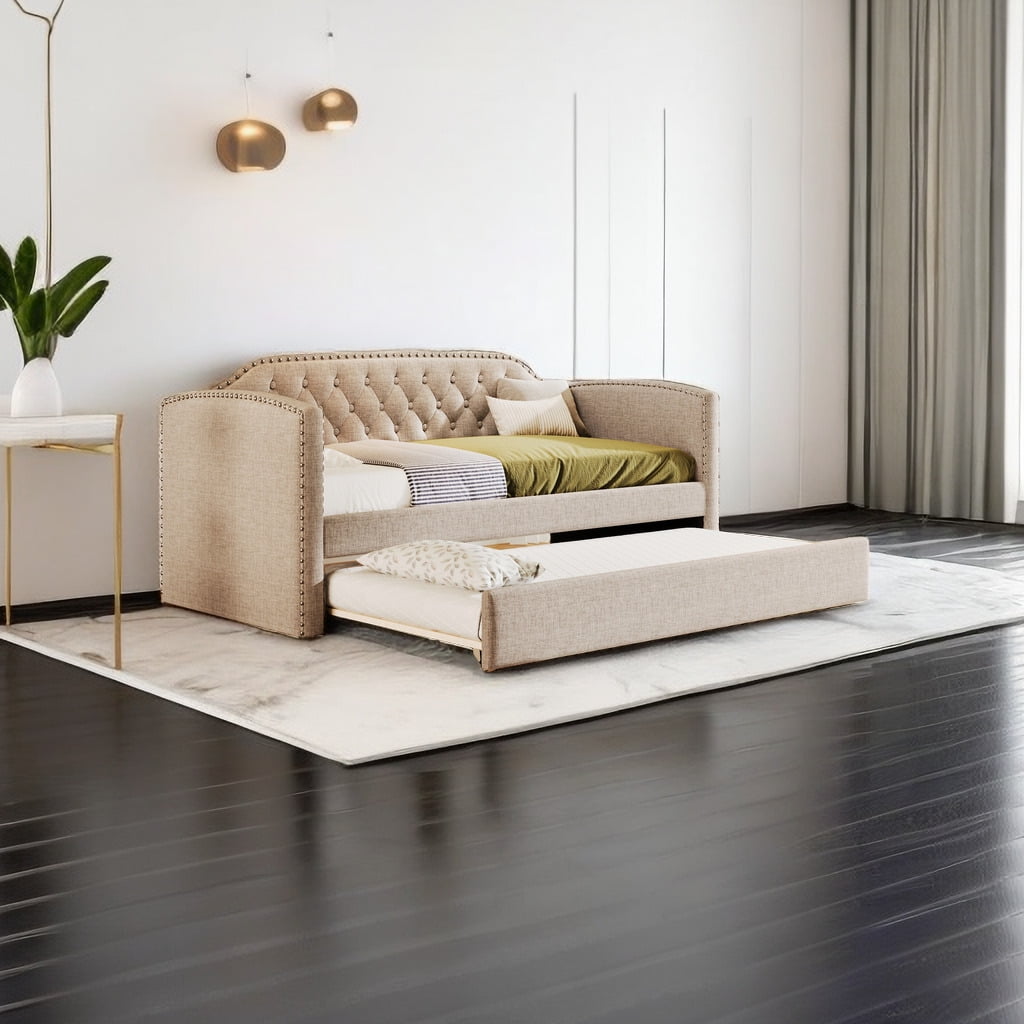 Twin Size Linen Upholstered Daybed with Trundle,Button Tufted Sofa Bed ...