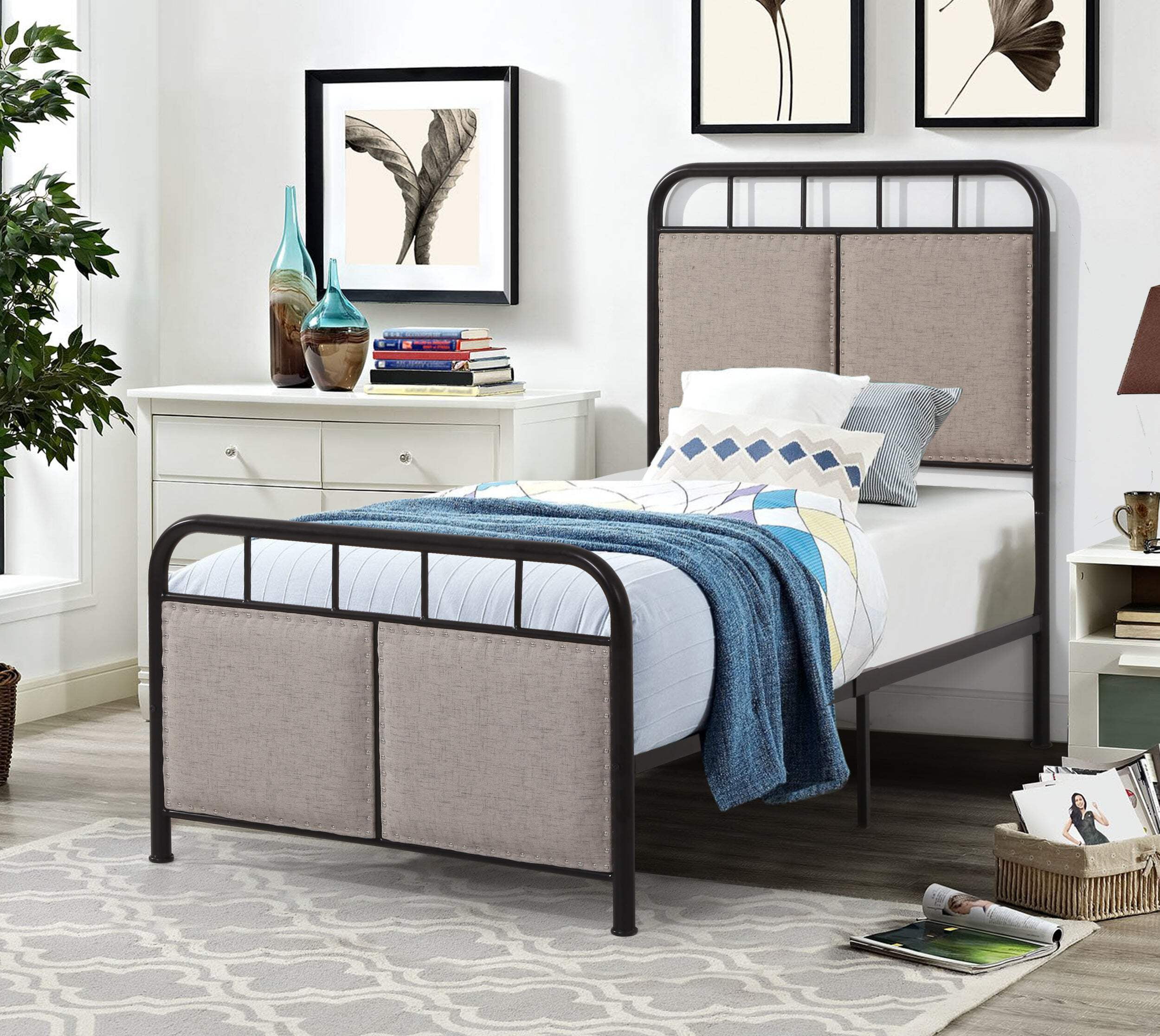 Twin Size Linen Upholstered Platform Metal Bed Frame With Fabric ...