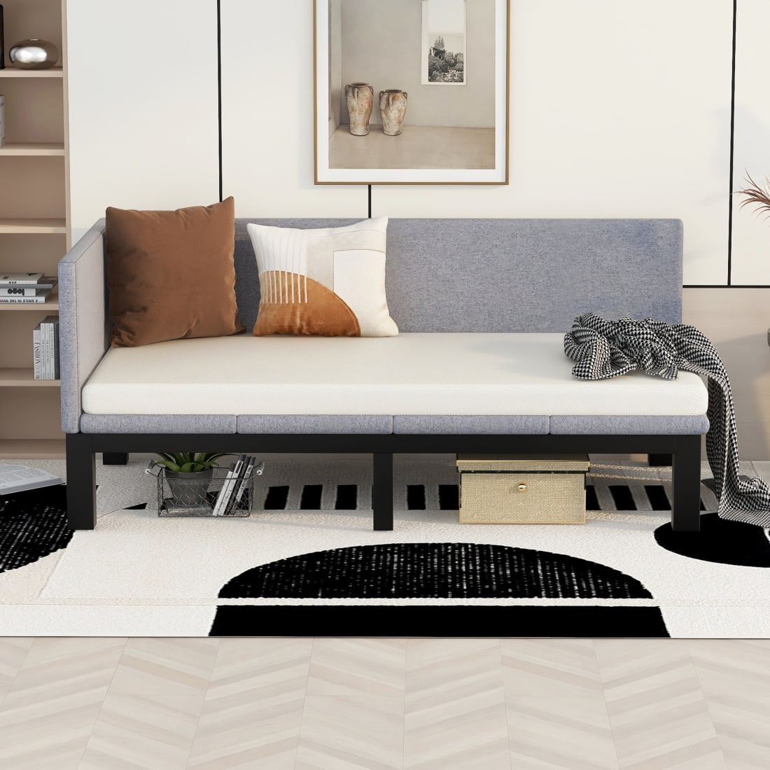 Twin Size Linen Upholstered Sofa Bed Frame, Mid Century Modern Leisure ...