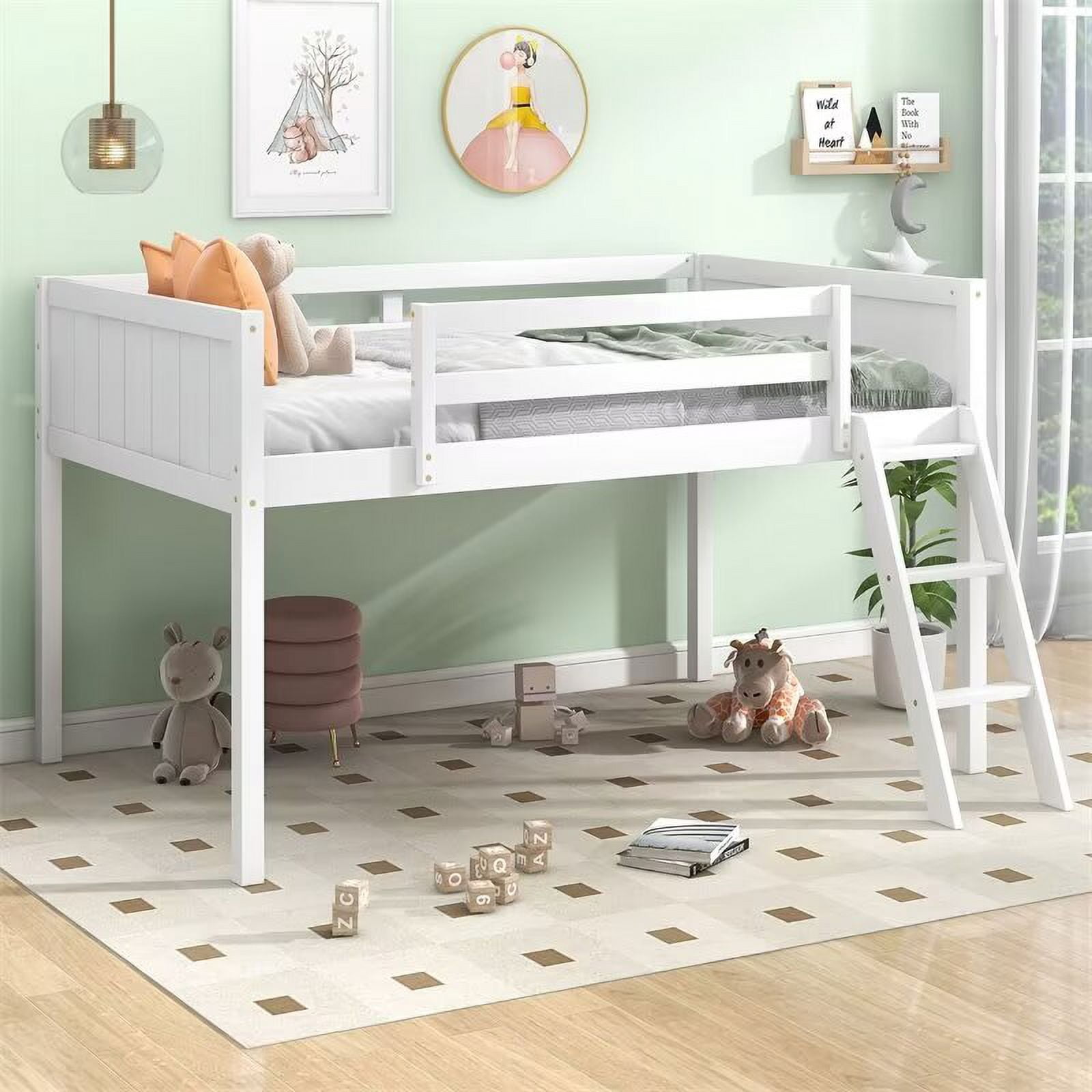 Twin Size Loft Bed with Convertible Ladder, Wood Low Loft Bed Frame ...