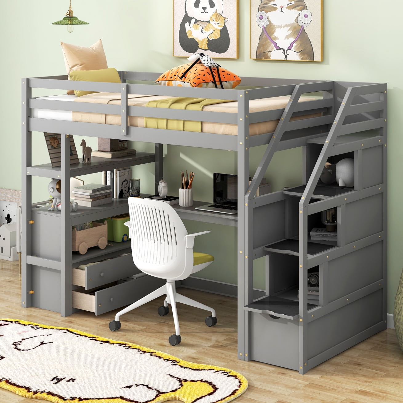 Twin Size Loft Bed with Desk and Shelves for Kids, Wood Loft Bed with ...