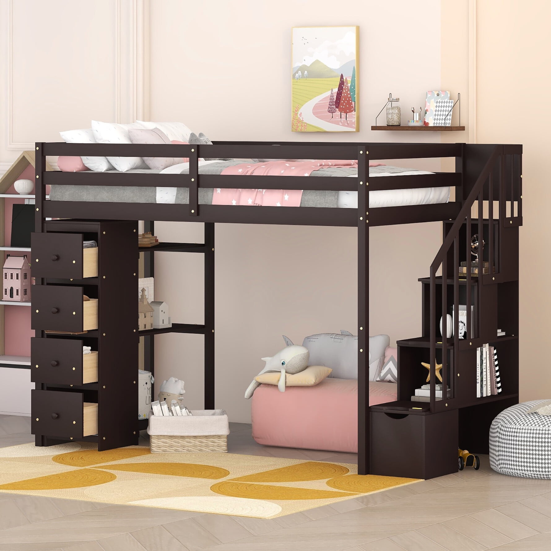 Twin Size Loft Bed with Desk and Storage Stairs, Solid Wood Loft Bed ...