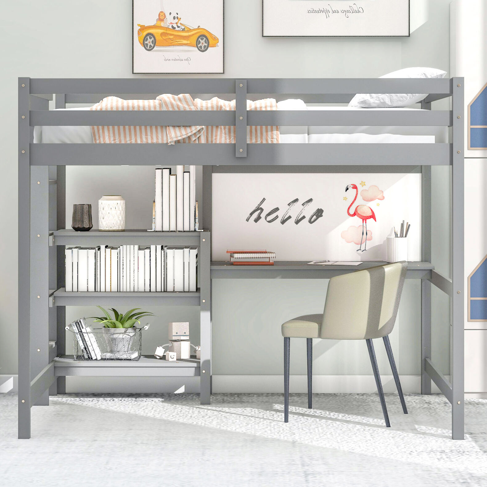 Twin Size Loft Bed with Desk,Writing Board and 3-Tier Shelves,Wooden ...