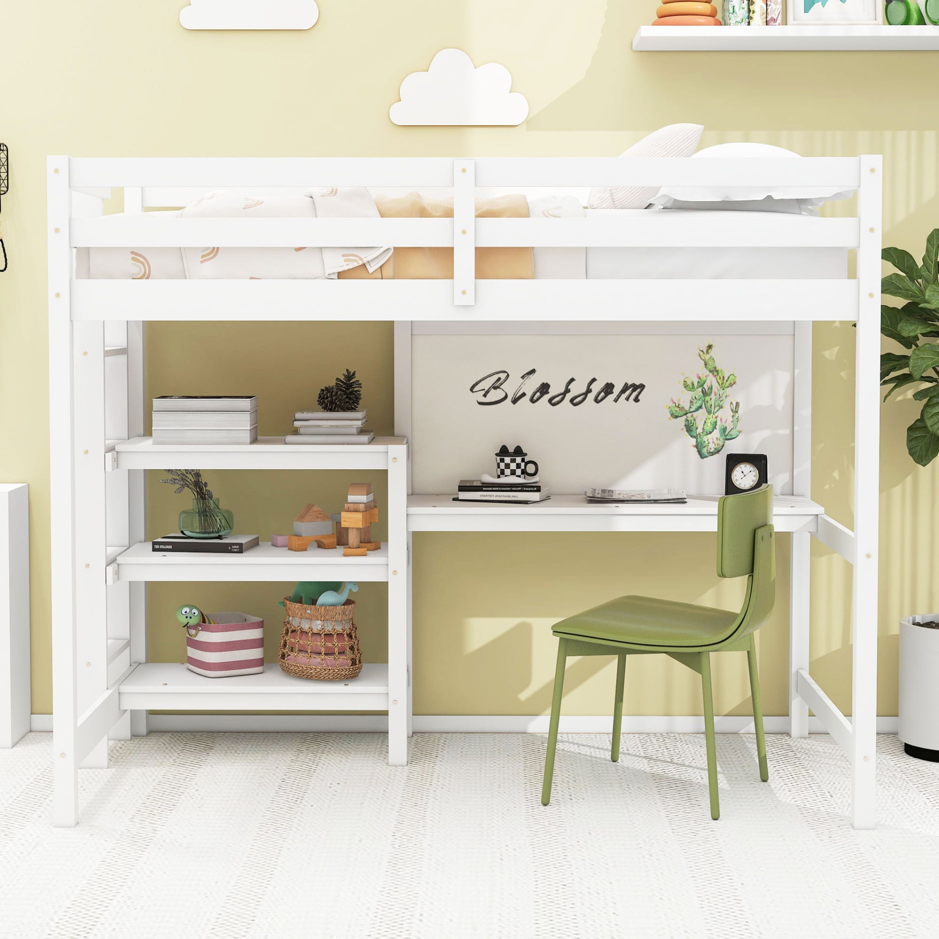 Twin Size Loft Bed with Desk,Writing Board and 3-Tier Shelves,Wooden ...