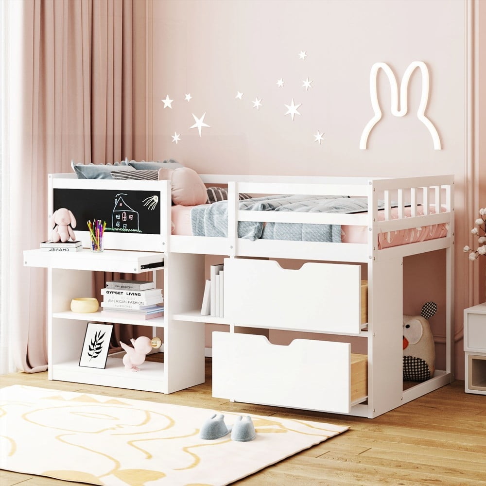 Twin Size Pine Wood High-Rise Bed Frame with Rolling Desk & Storage ...