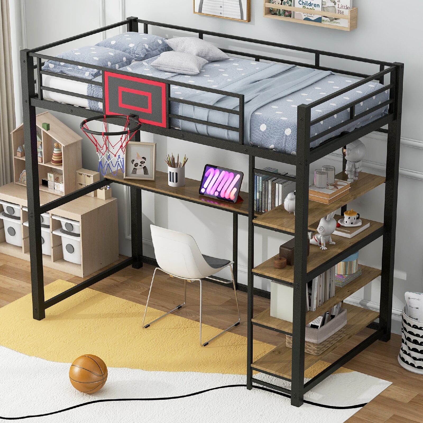 Twin Size Loft Bed Frame with L-Shape Desk and Basketball Hoop, Heavy ...